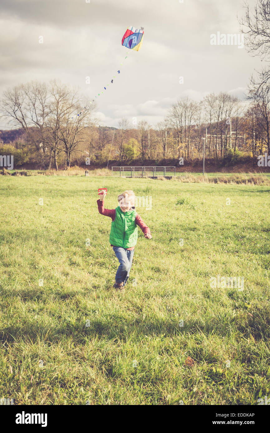 Boy flying a kite on a meadow Stock Photo - Alamy