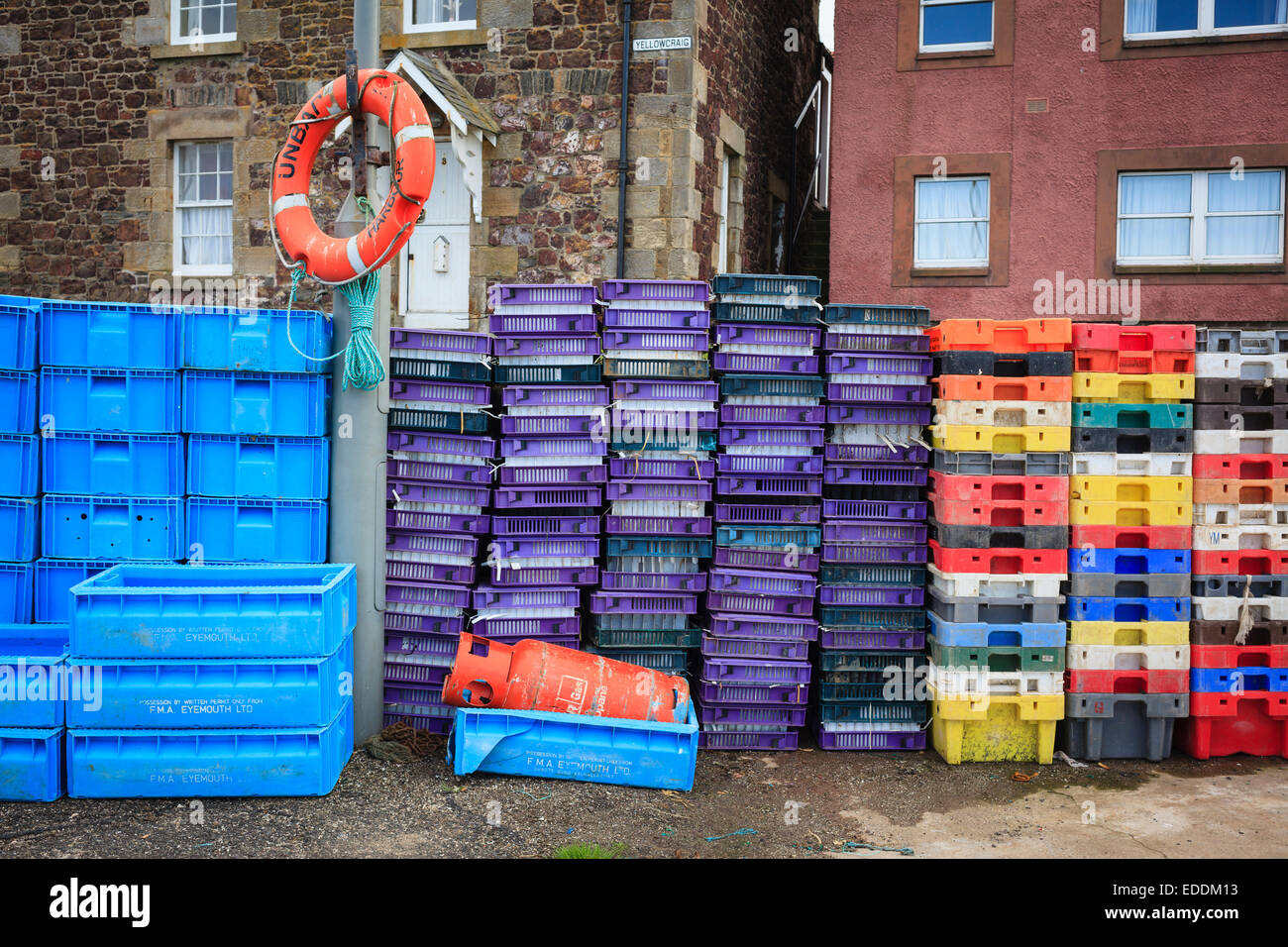 Stacked fish boxes on pier. Durbar. East Lothian. Scotland. UK Stock ...