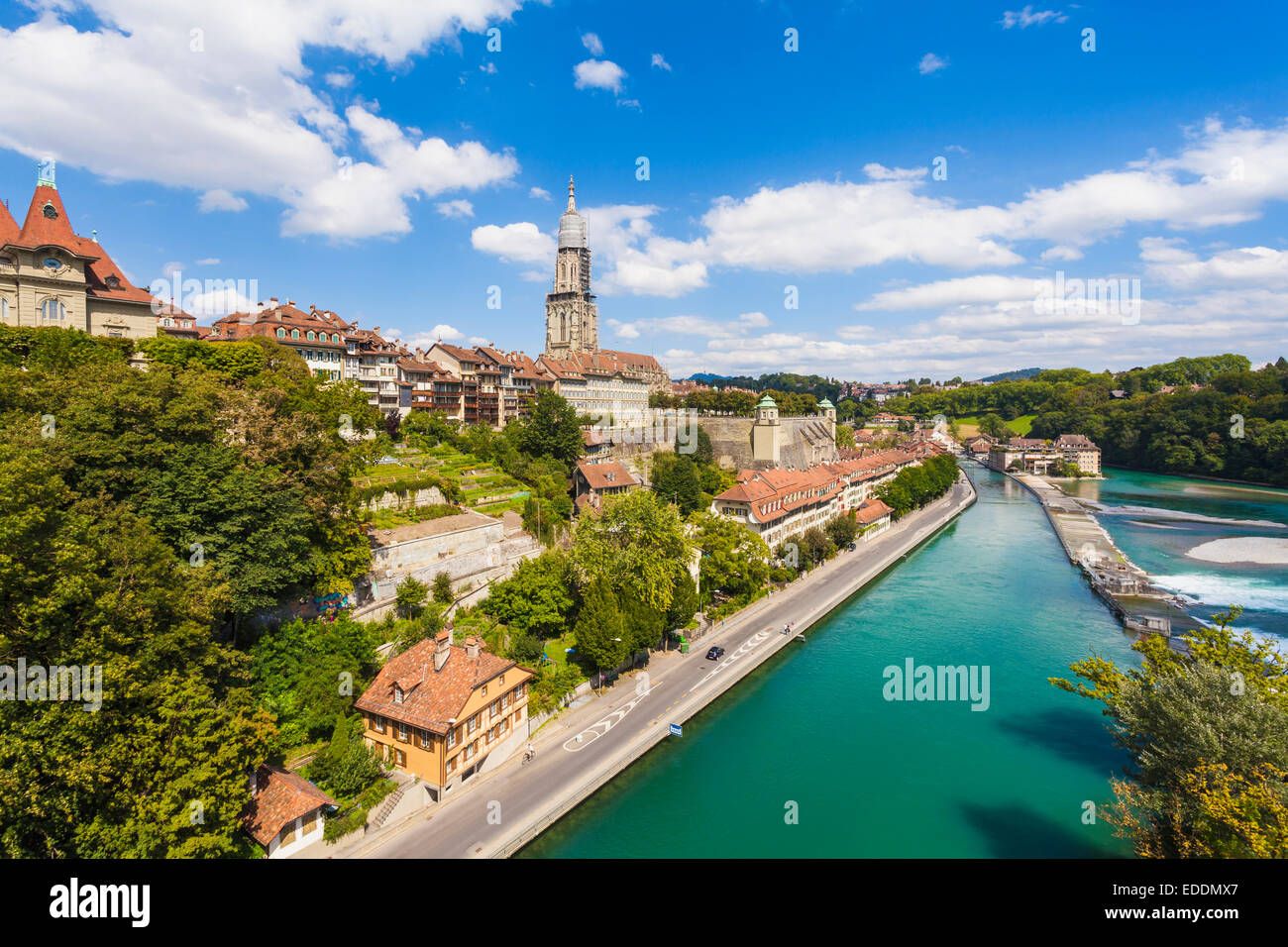 Switzerland, Bern, cityscape with minster and River Aare Stock Photo ...