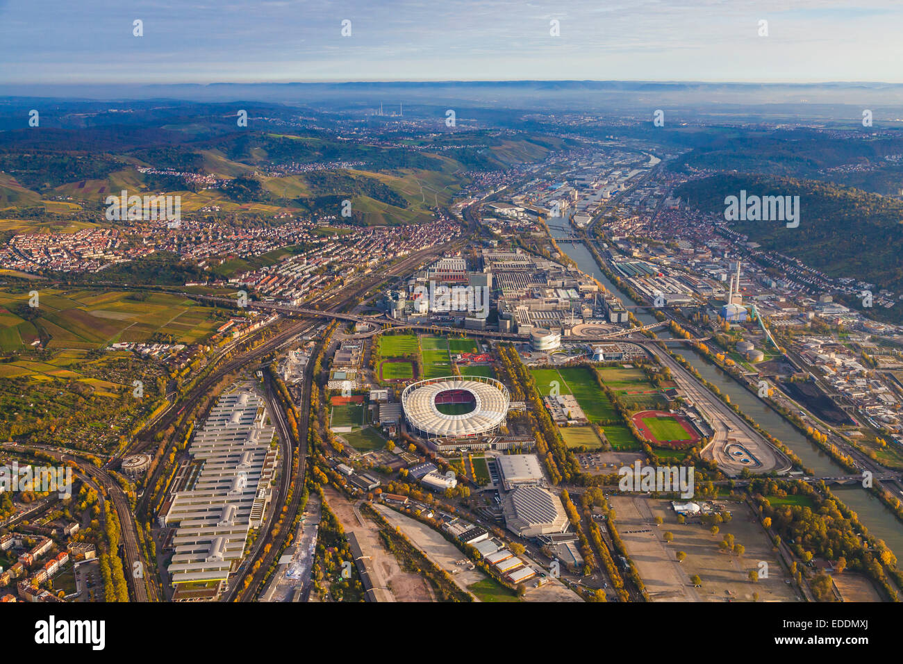 Germany, Baden-Wuerttemberg, Stuttgart, aerial view of Neckarpark with ...