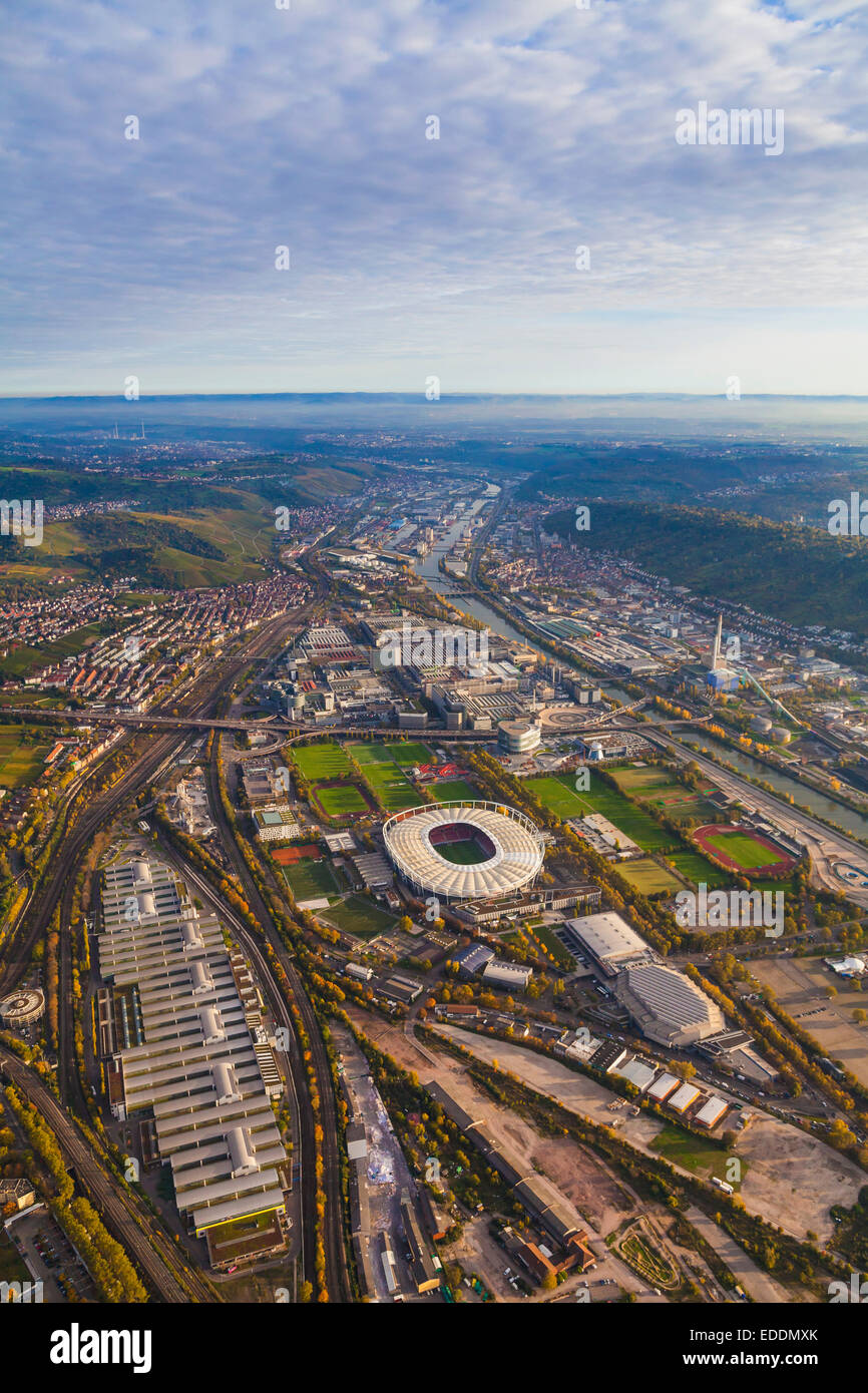 Germany, Baden-Wuerttemberg, Stuttgart, aerial view of Neckarpark with ...