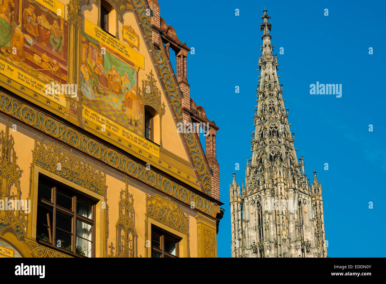 Germany, Ulm, Mural paintings at 16th century townhall, Ulm minster in ...