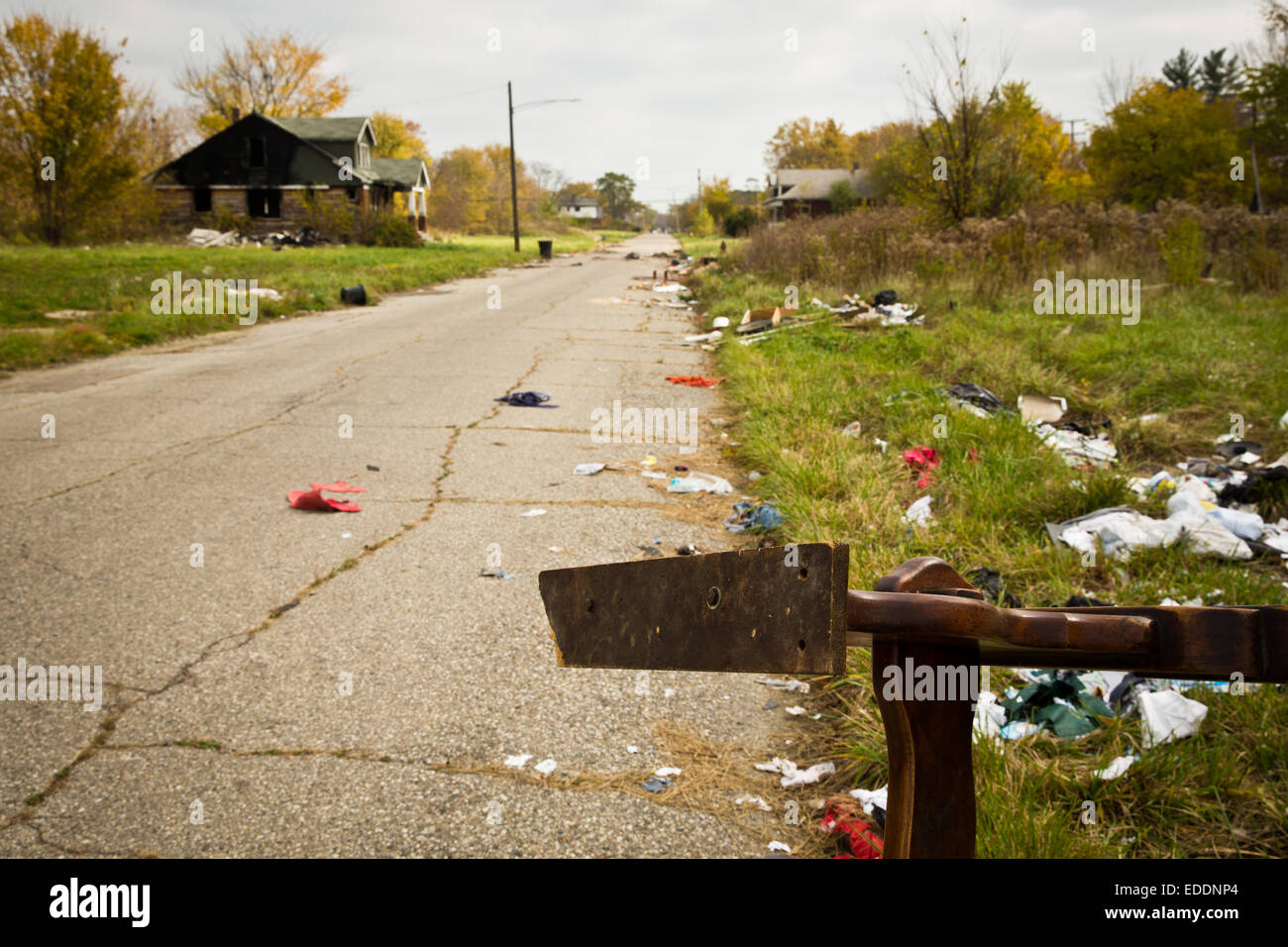 Trash on a nomen's land street on Detroit's Eastside, Detroit, Michigan ...