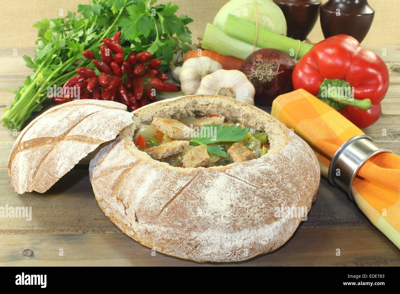 a loaf of bread filled with hearty bread soup Stock Photo - Alamy