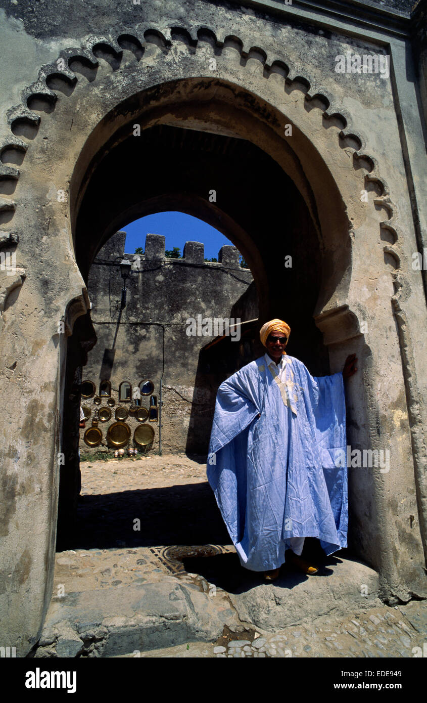 Morocco, Tangier, Kasbah, Bab El Assa gate, moroccan man wearing ...