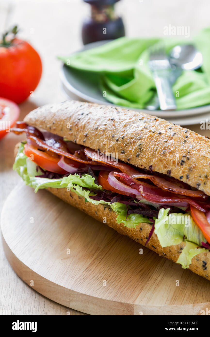 Bacon with vegetable on wholemeal and sesame baguette Stock Photo - Alamy