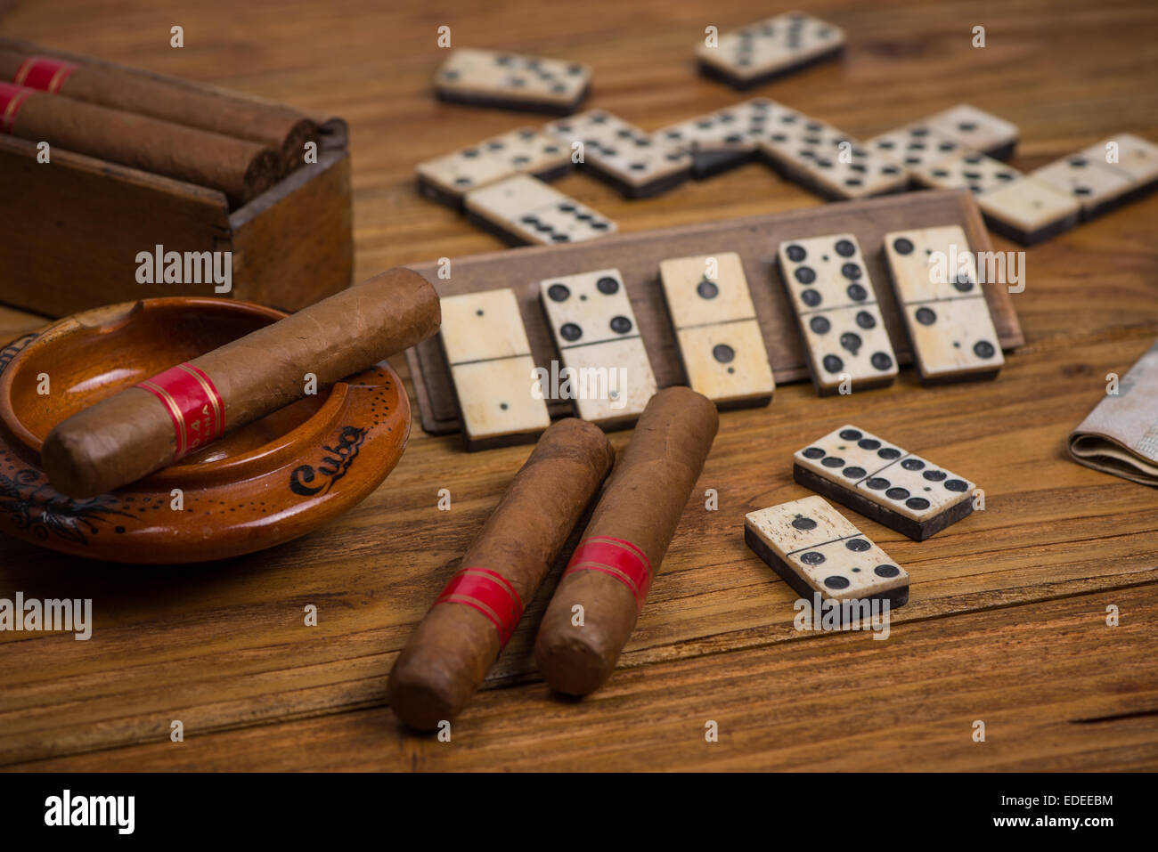 Cuban handmade cigars on table with Rum and Cuba related items Stock ...