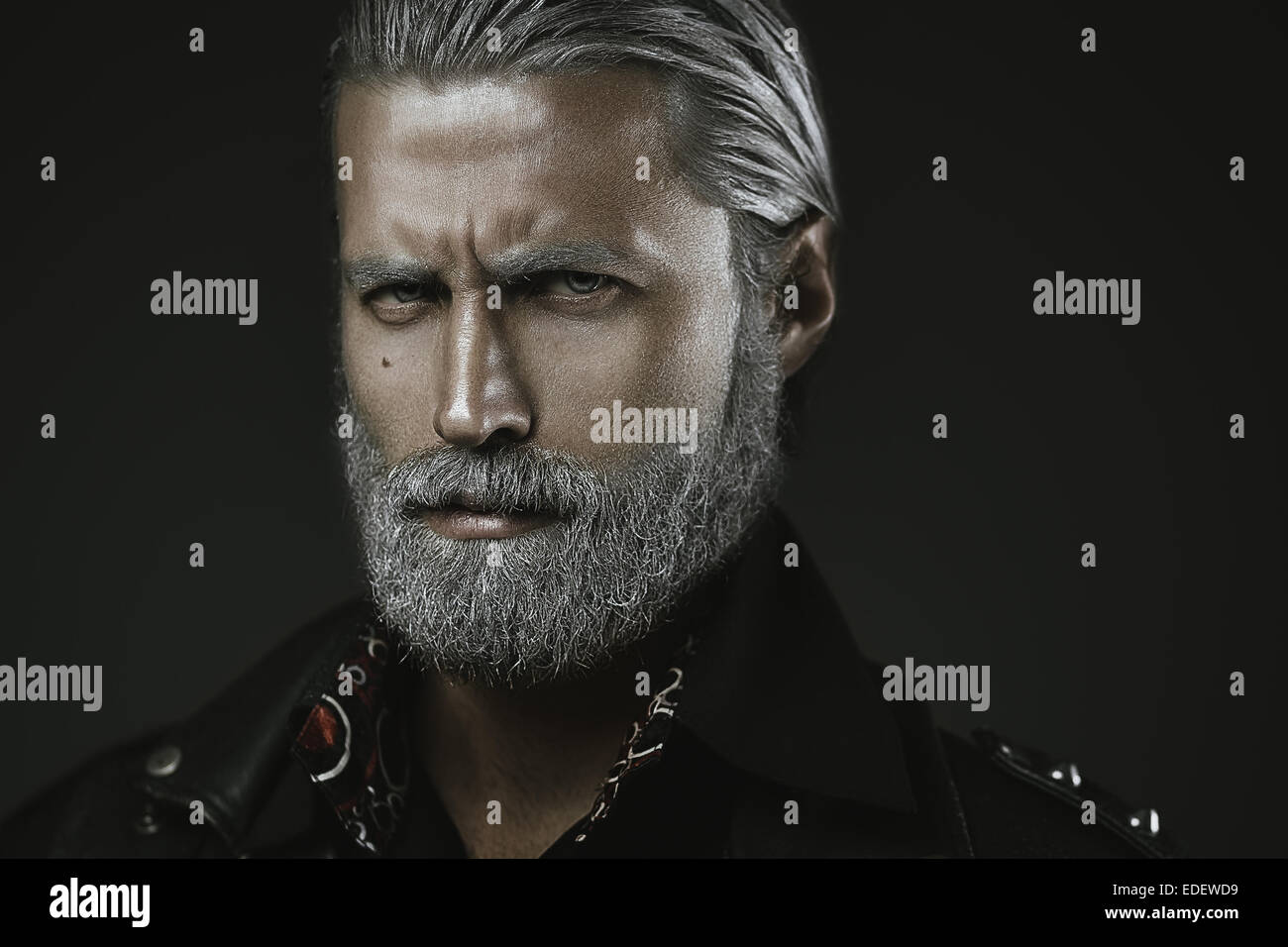 Artistic portrait of gray haired man on black background Stock Photo ...