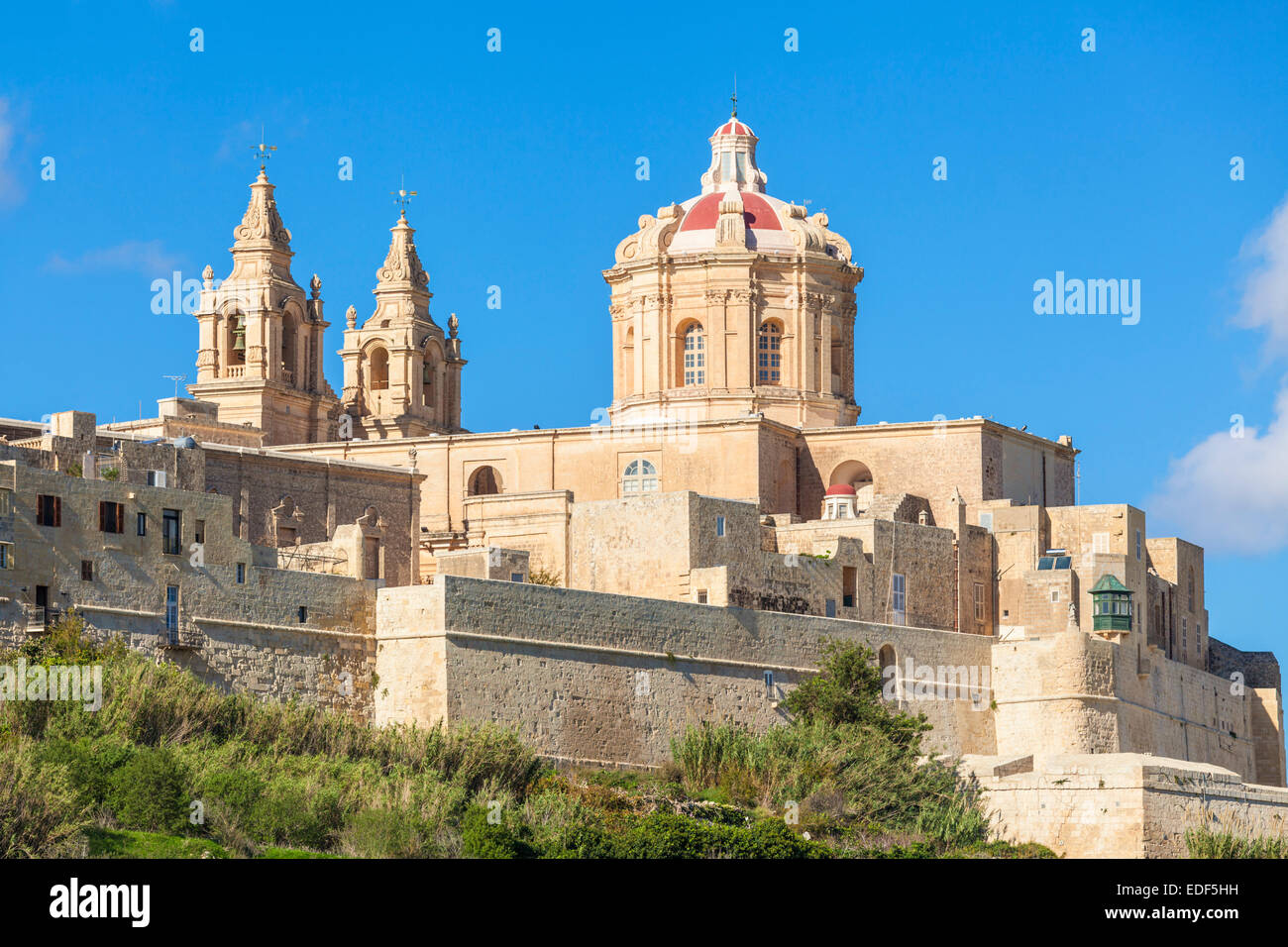 St Pauls Cathedral and Skyline of medieval walled city Mdina Malta EU ...