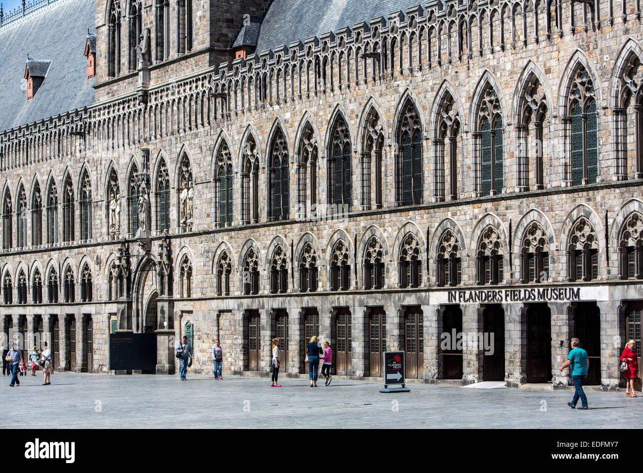 Lakenhal, Cloth Hall, market, old town of Ypres, with the Belfry Tower ...