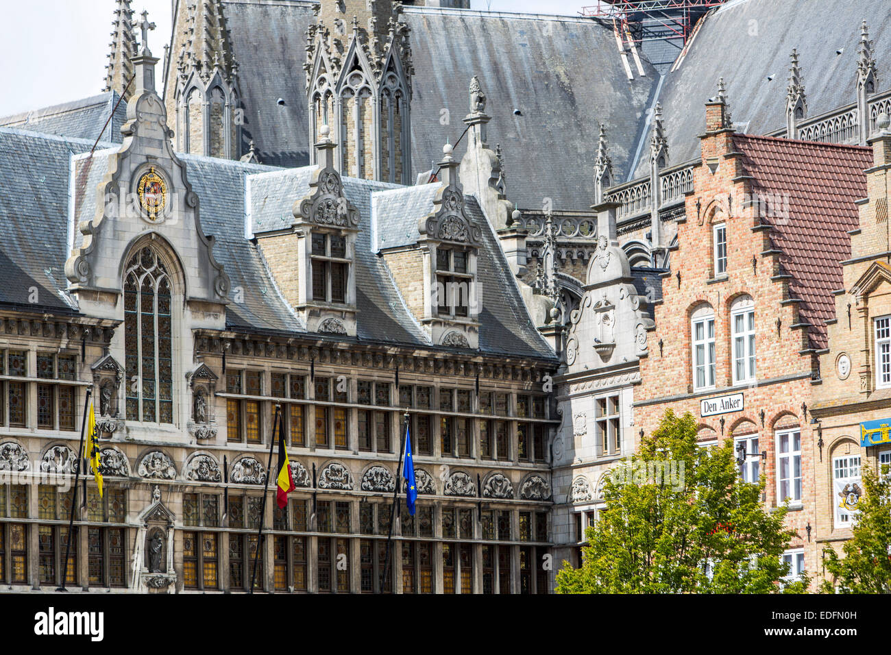 Lakenhal, Cloth Hall, market, old town of Ypres, with the Belfry Tower ...