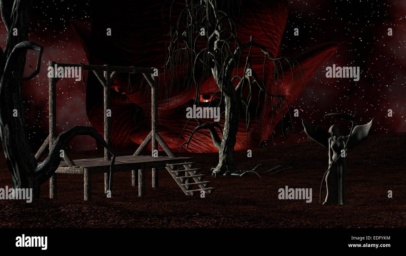 Angel of Death - Spooky background with gallows and crows at night with ...