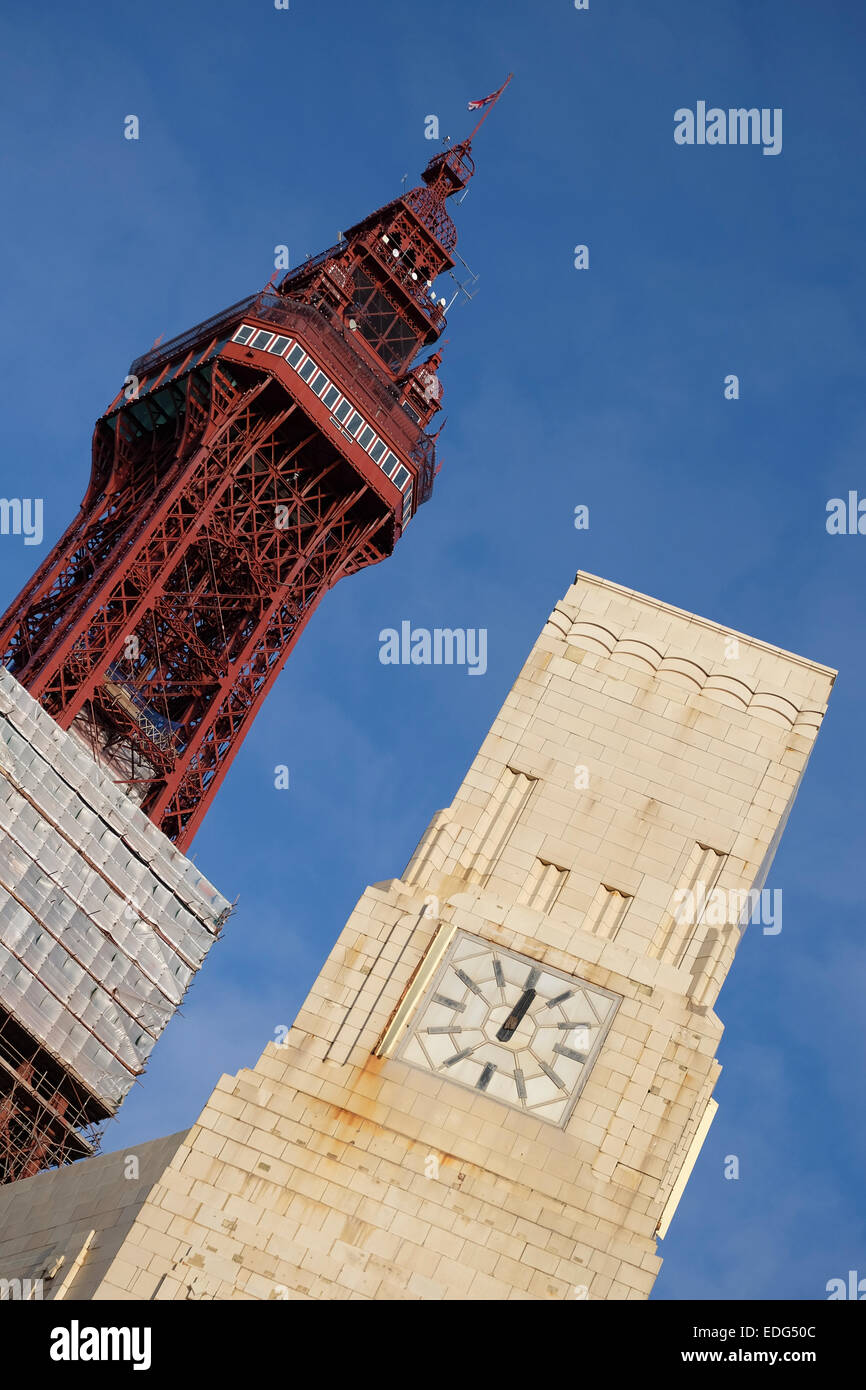Art Deco Style Clock Tower with Blackpool Tower Stock Photo - Alamy