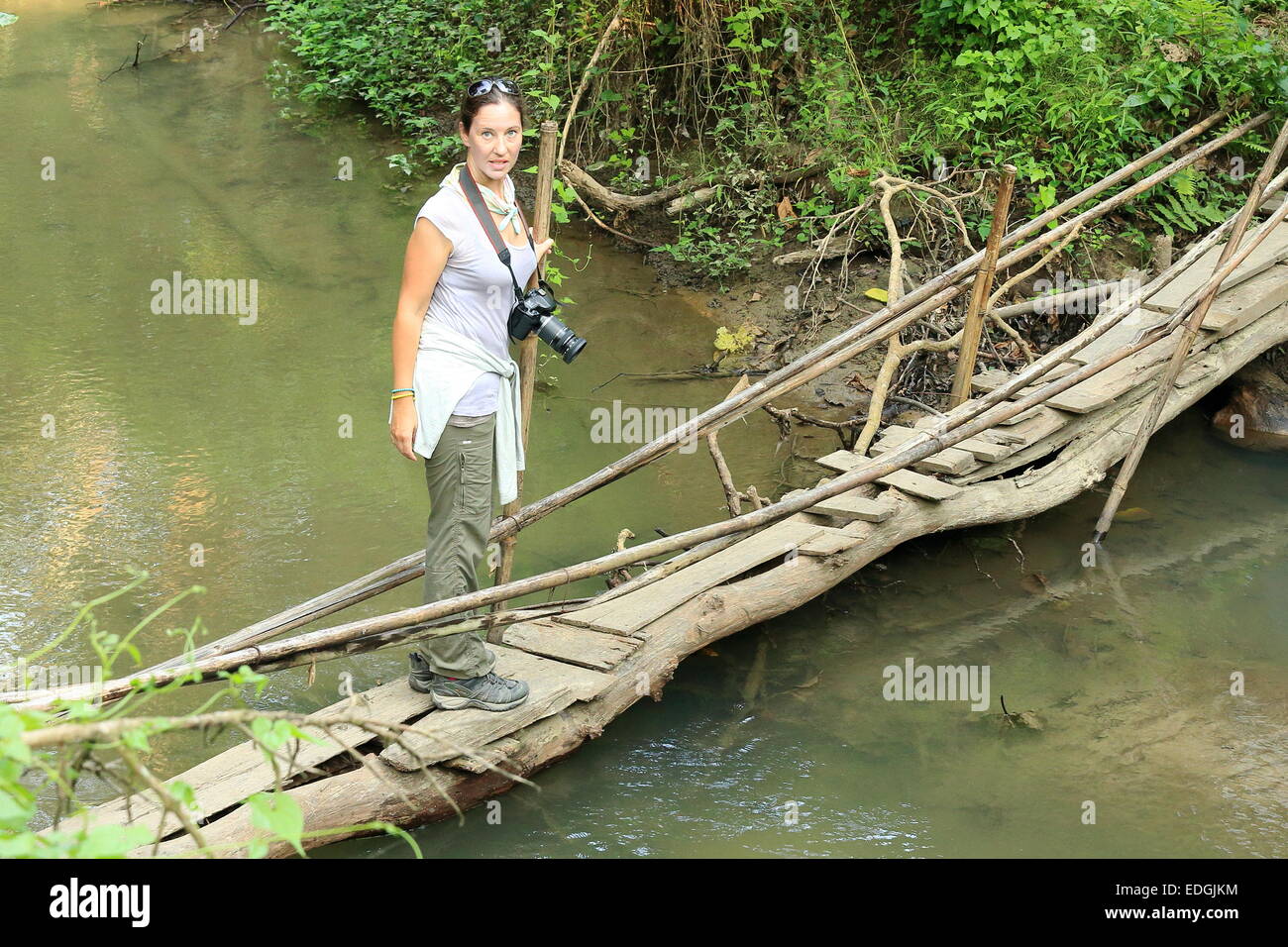 Woman crosses log over stream in forest hi-res stock photography and ...