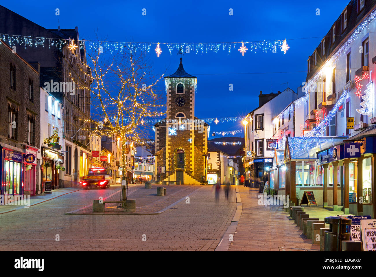 Keswick at dusk, with Christmas lights, Lake District National Park ...