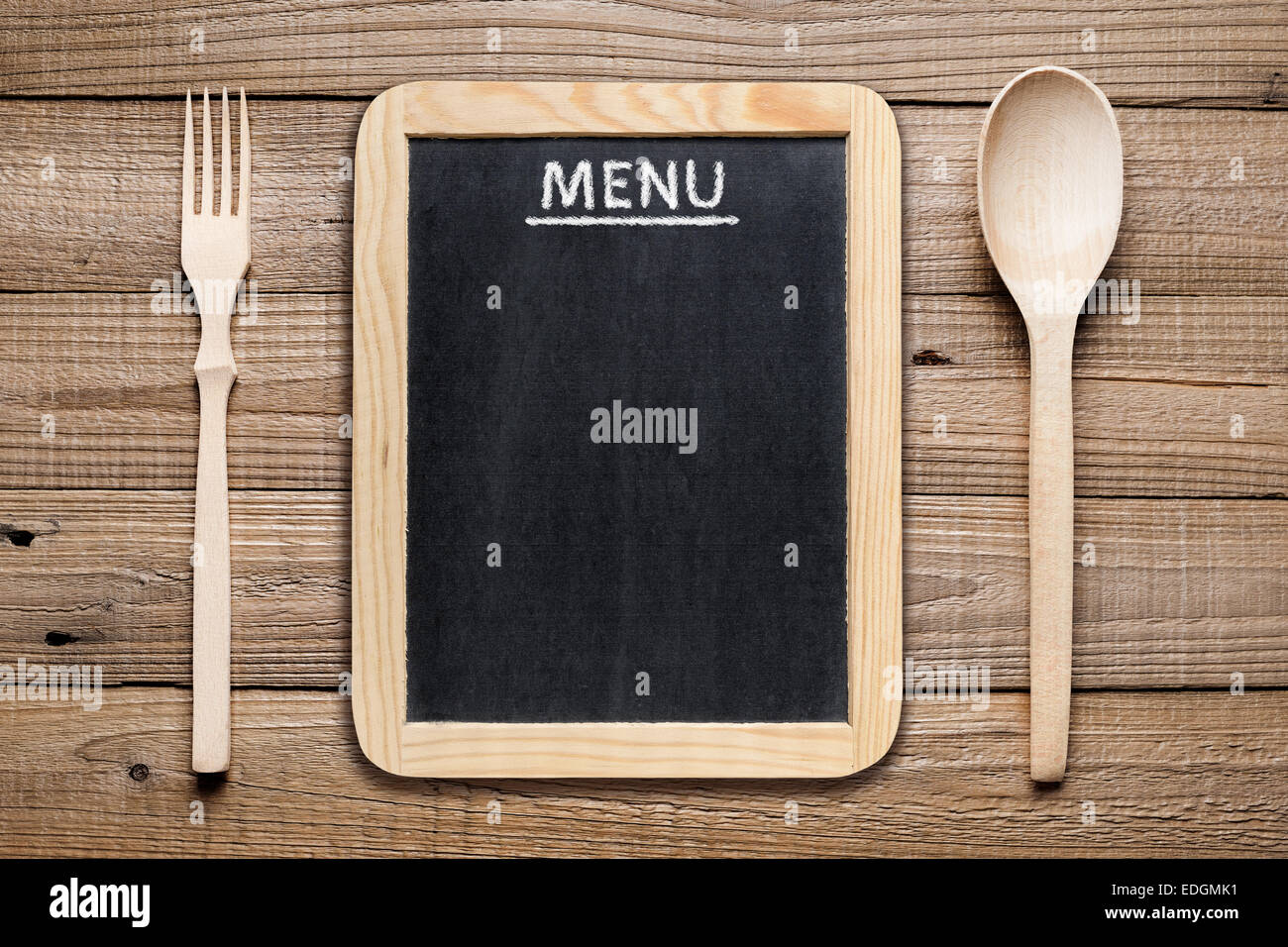 Menu board, wooden fork and spoon Stock Photo - Alamy