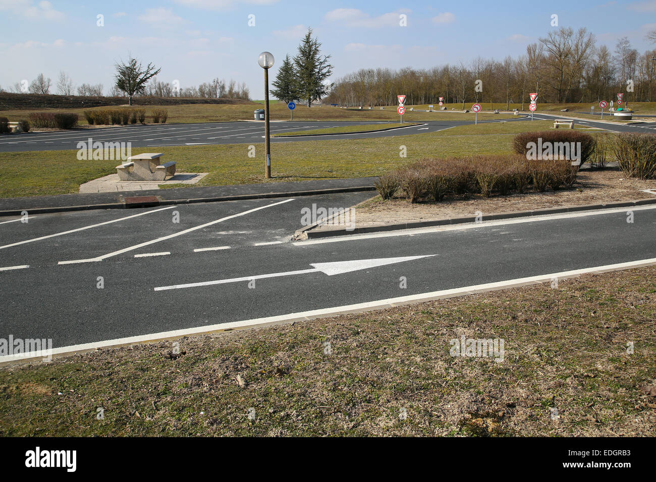 An empty rest area, parking lot (autoroute aire de repos) along the ...