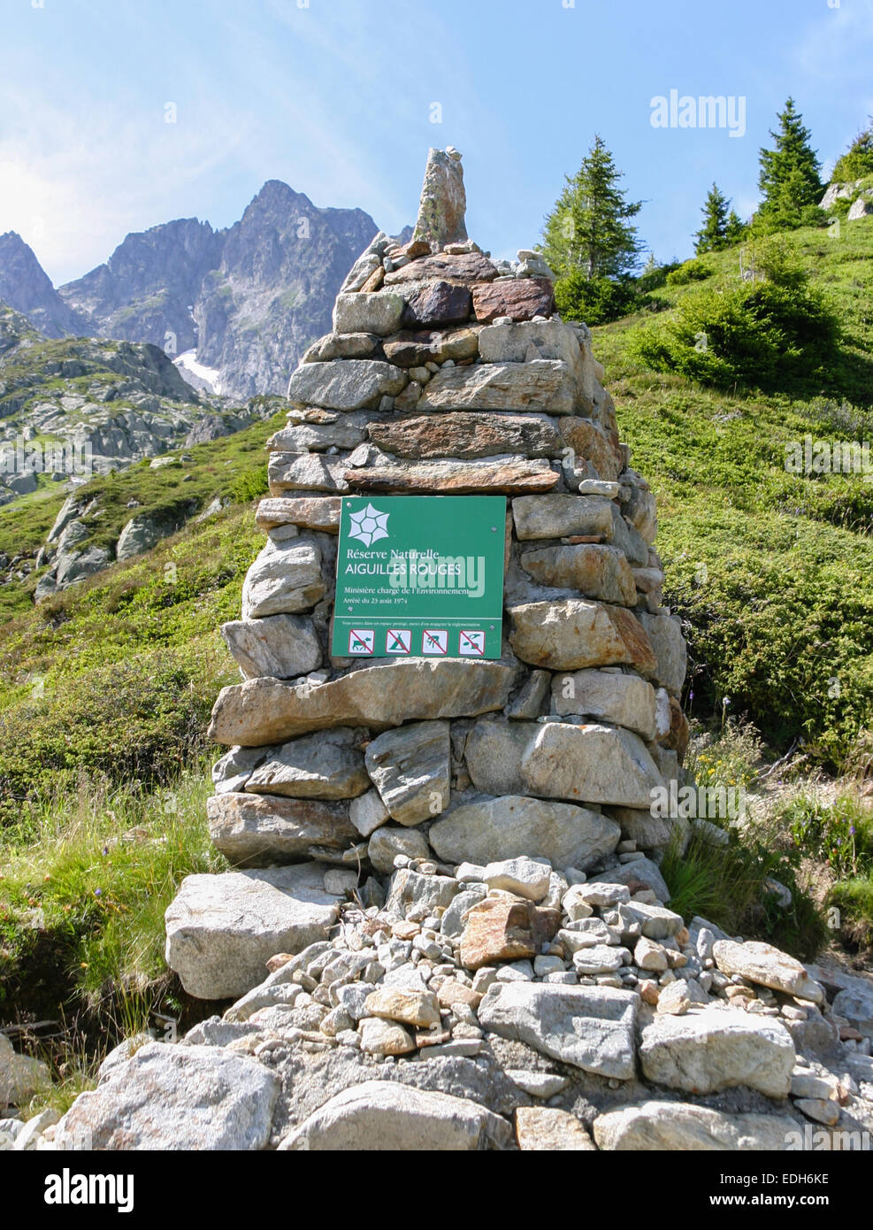 Aiguille Rouge nature reserve sign cairn near Chamonix in the French ...