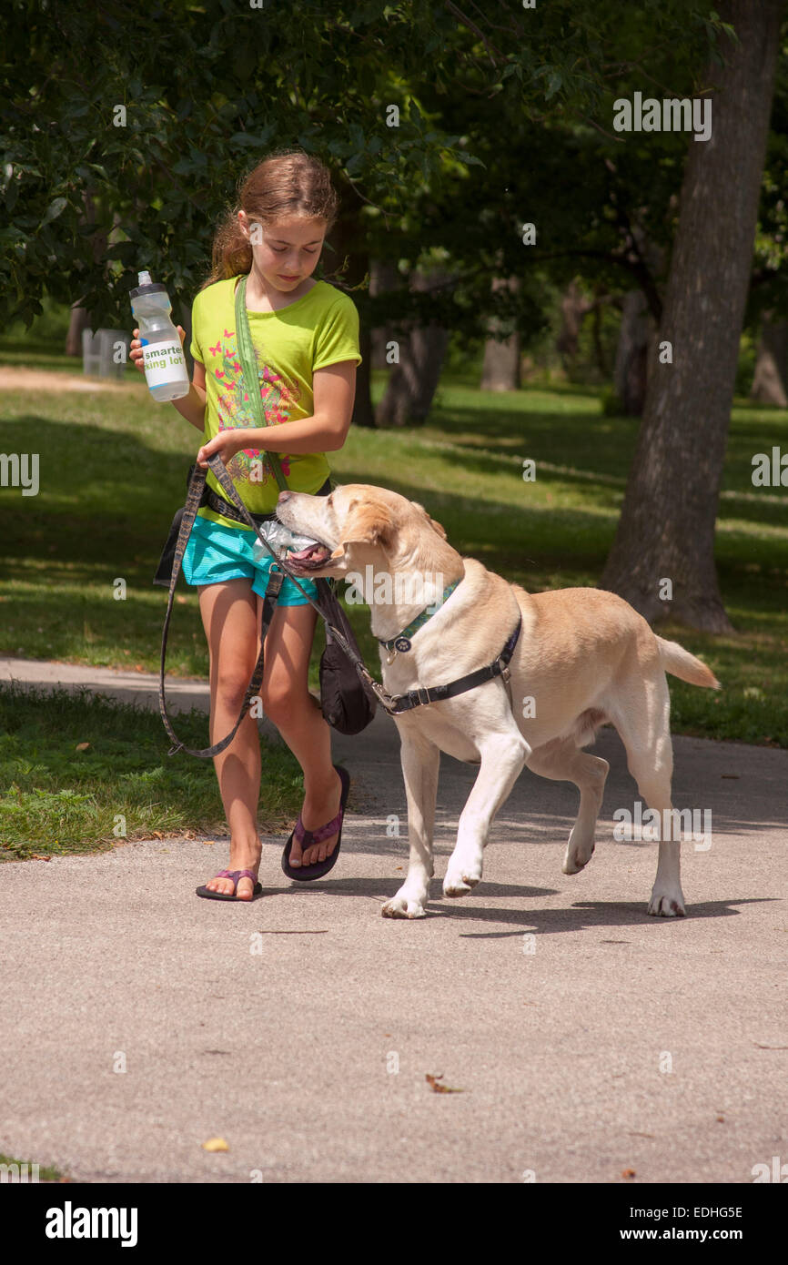 A young girl with her Labrador dog going for a walk in a park Stock ...