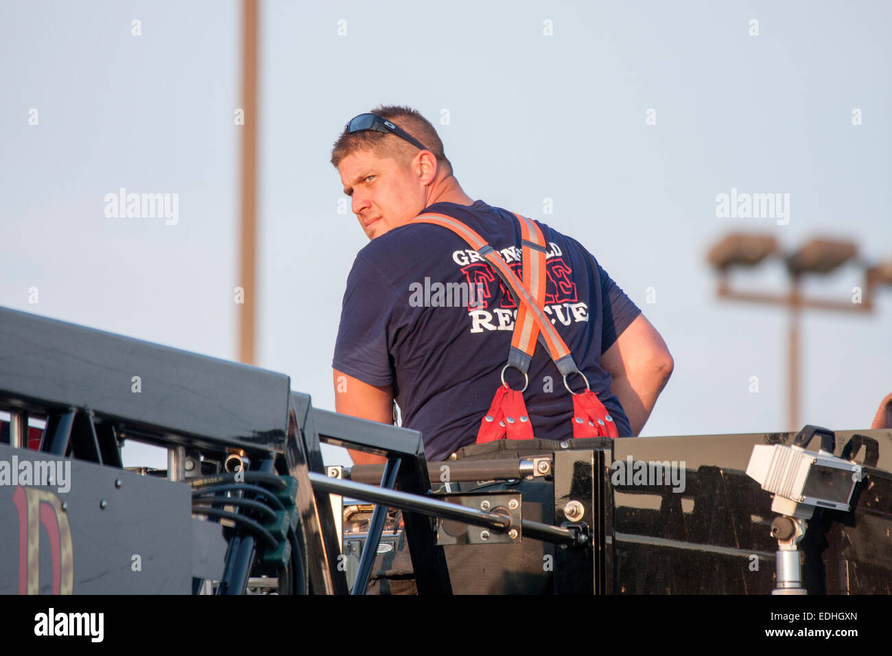 Greenfield Wisconsin Fire Department firefighter on the ladder truck ...