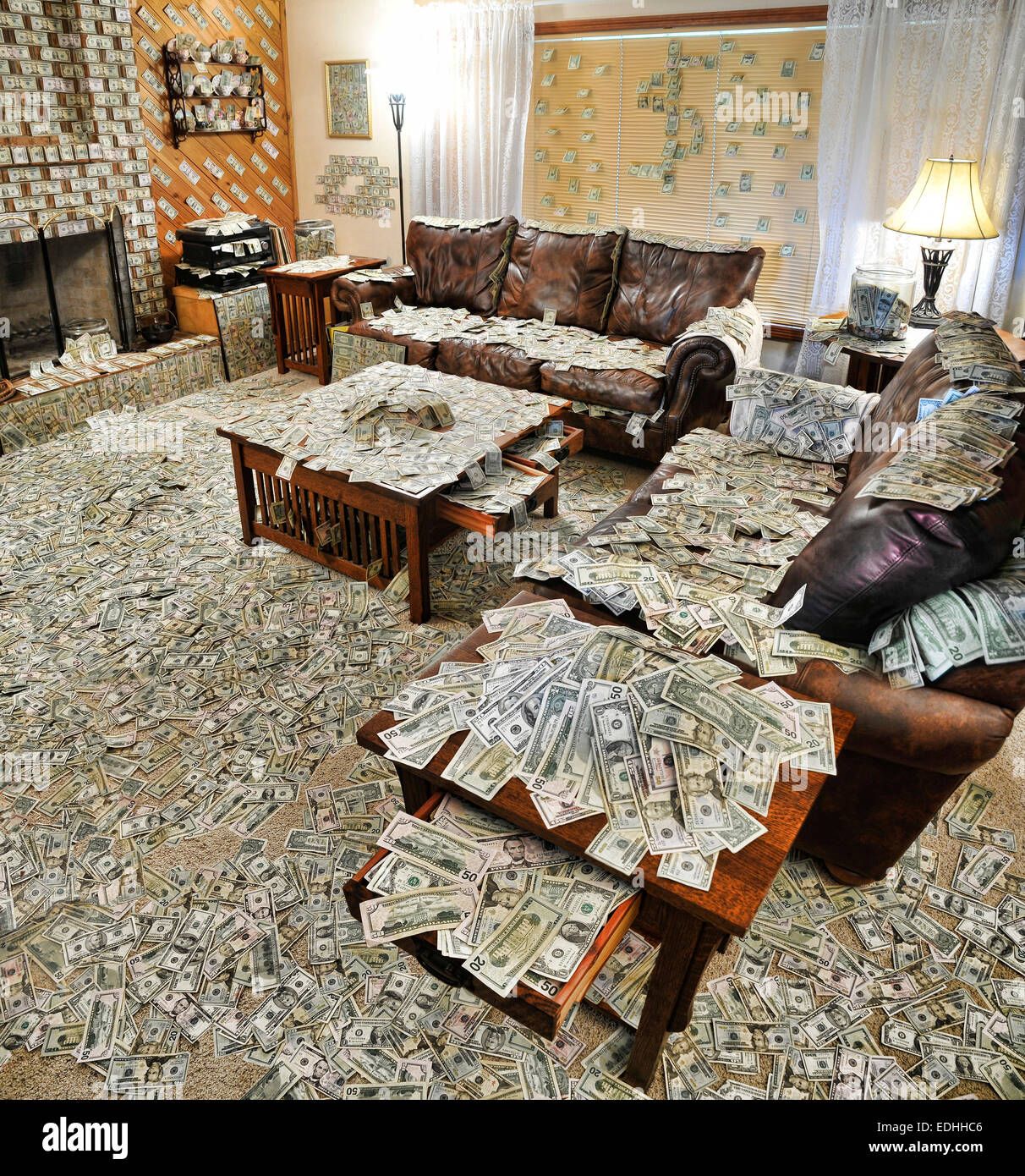 Sitting room filled with money Stock Photo - Alamy