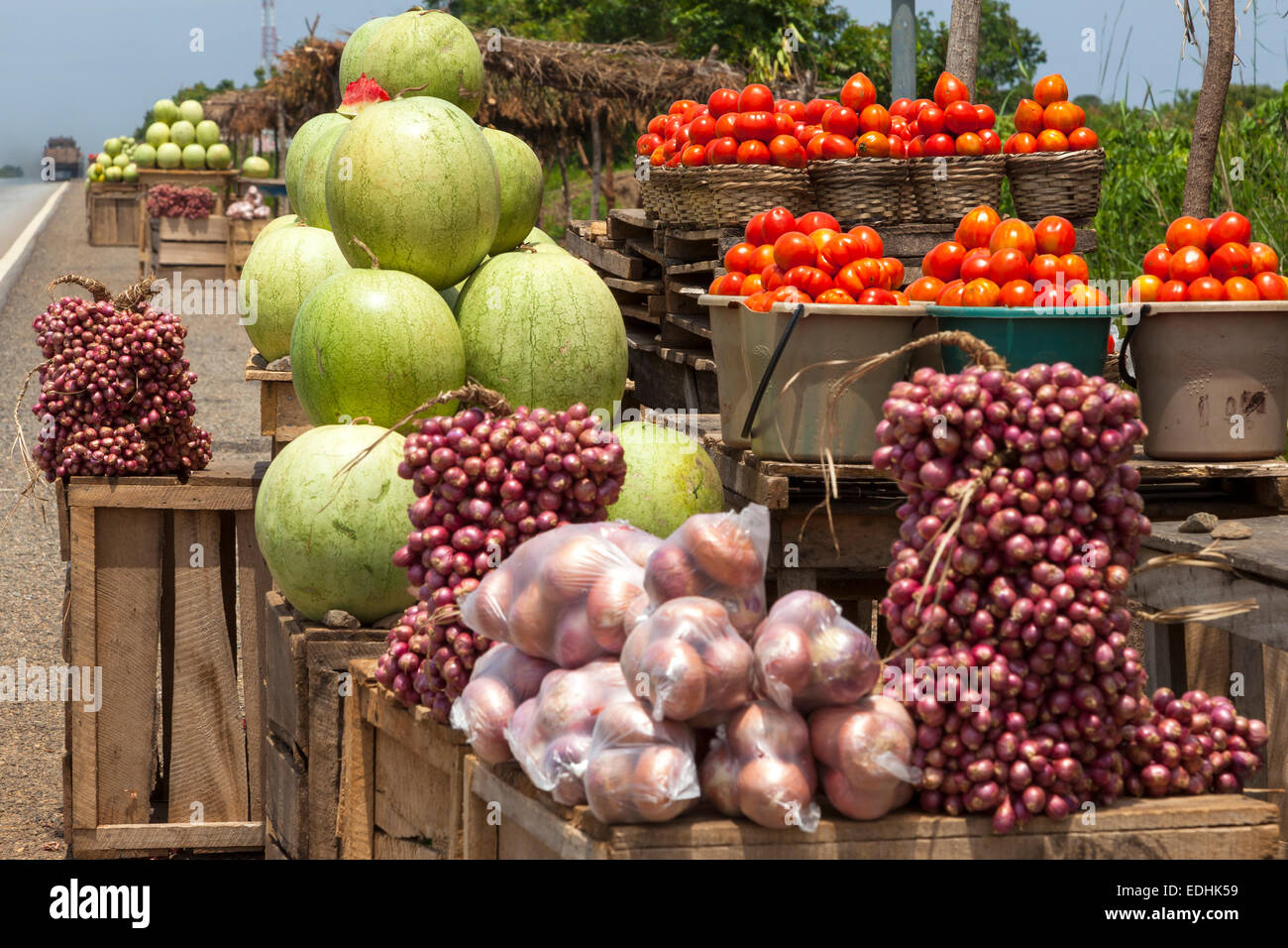 Roadside Fruit And Vegetable Stall Greater Accra Ghana Africa Stock