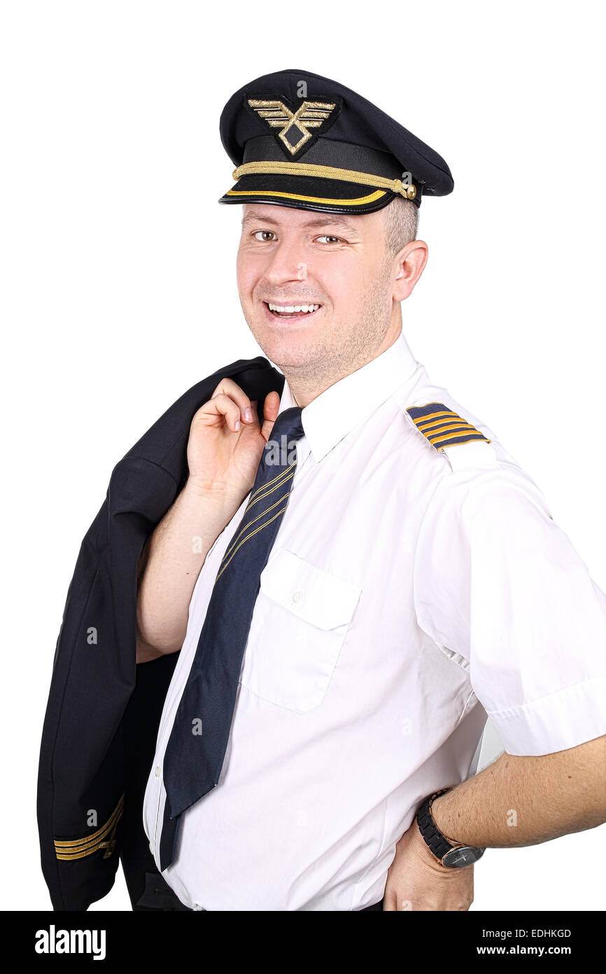Smiling captain in uniform on a white background Stock Photo - Alamy