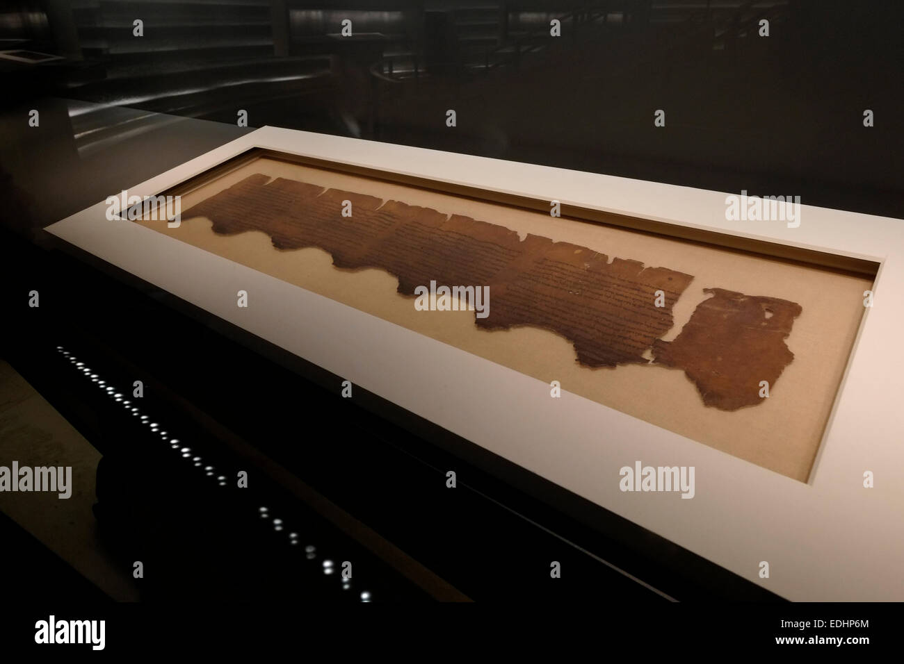 Ancient manuscript of Dead Sea Scrolls displayed in "Shrine of the Book ...