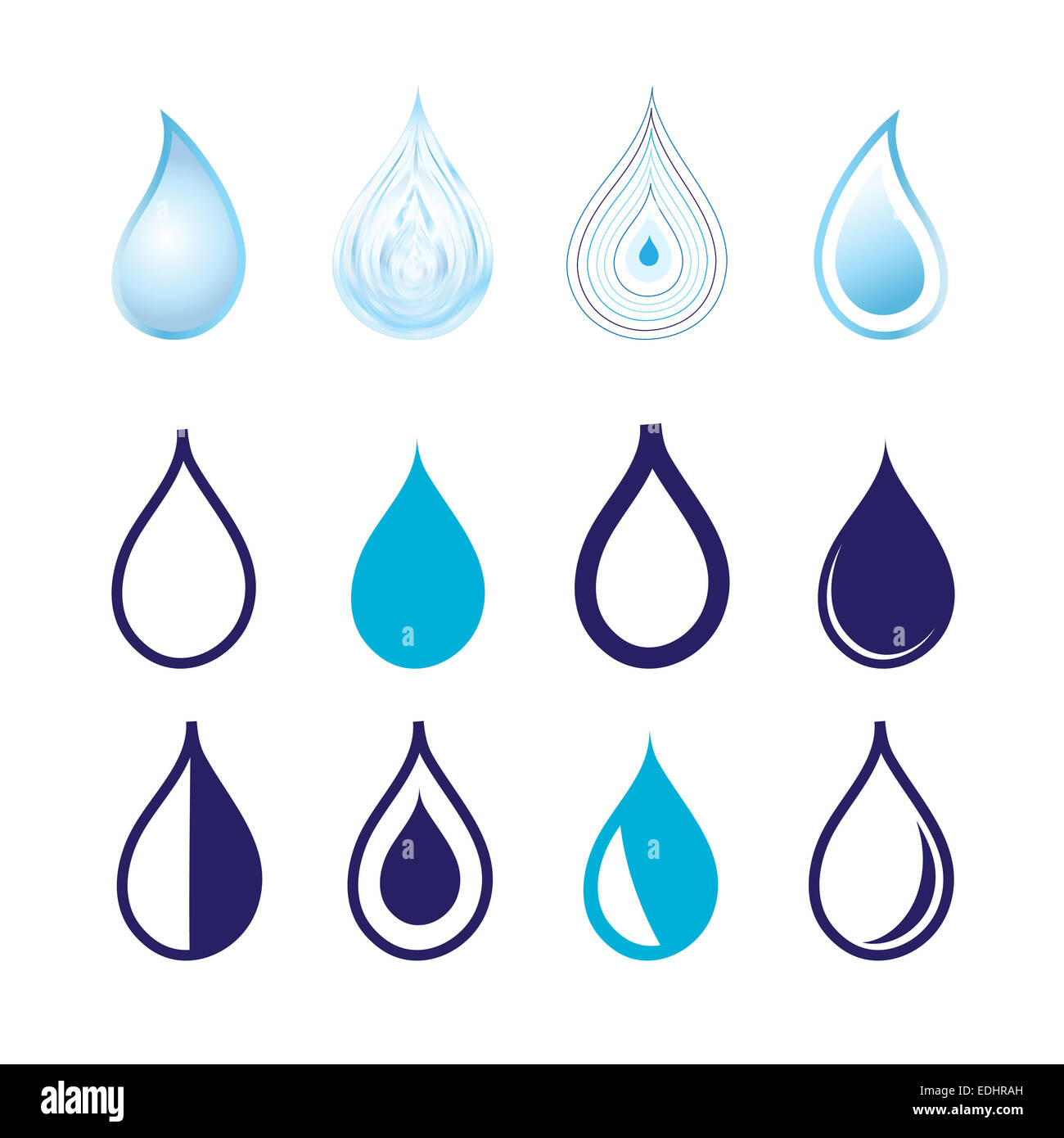 set of different image of water droplets on a white background Stock ...