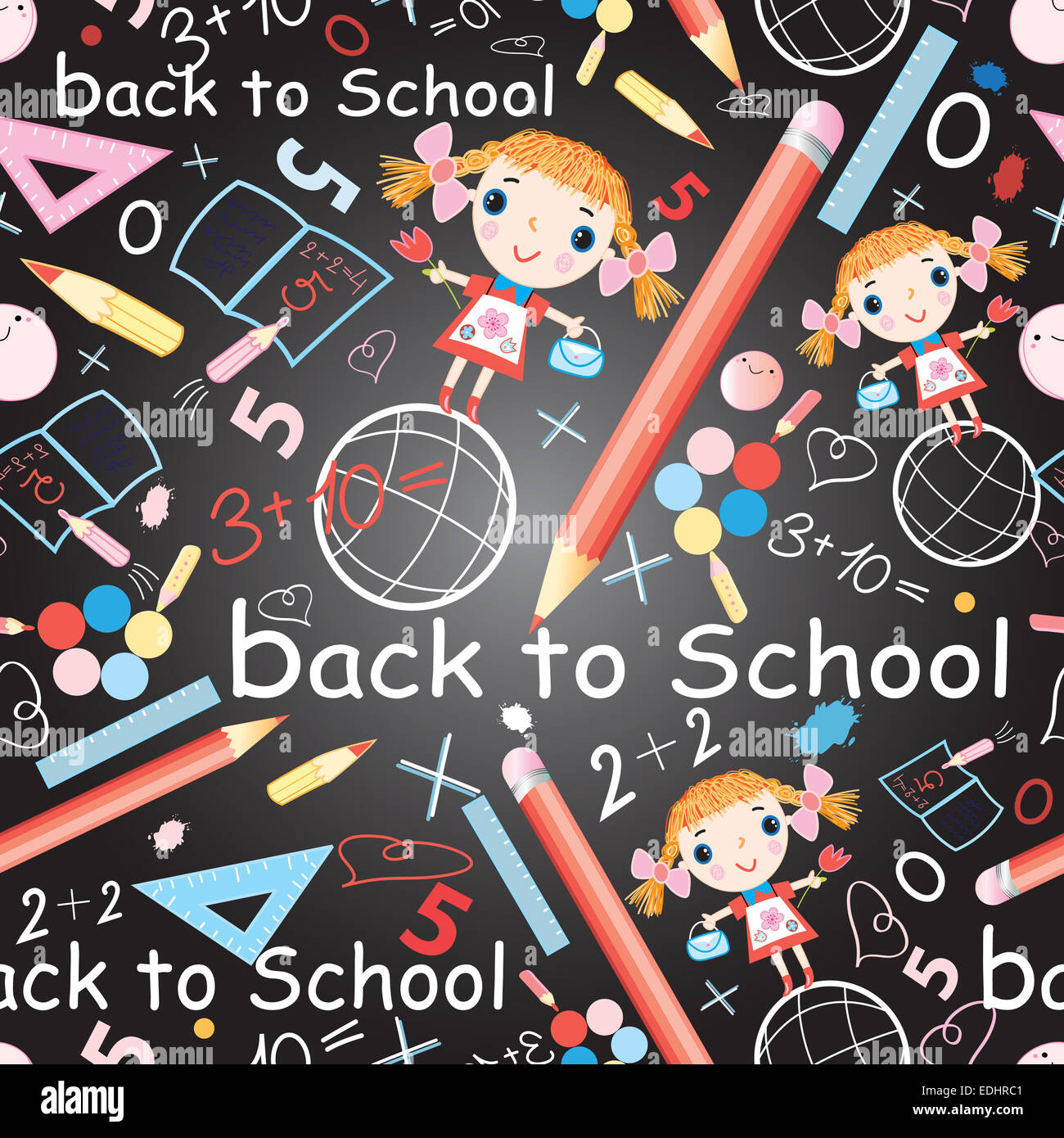 seamless pattern of school girls inscriptions and school objects on a ...