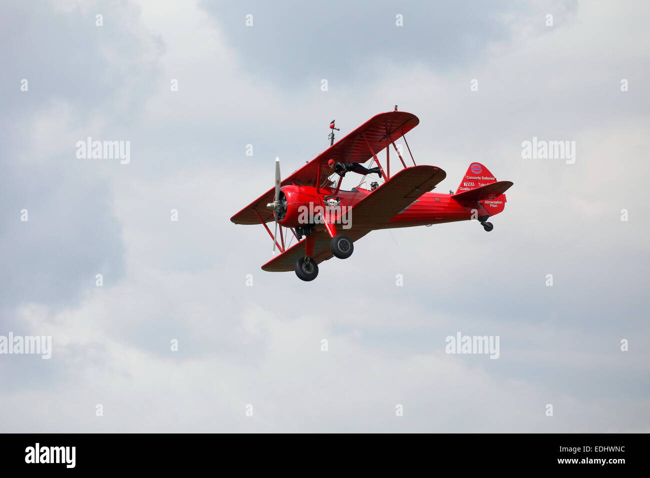Wing walker on a biplane at an air show, Bromont, Eastern Townships ...