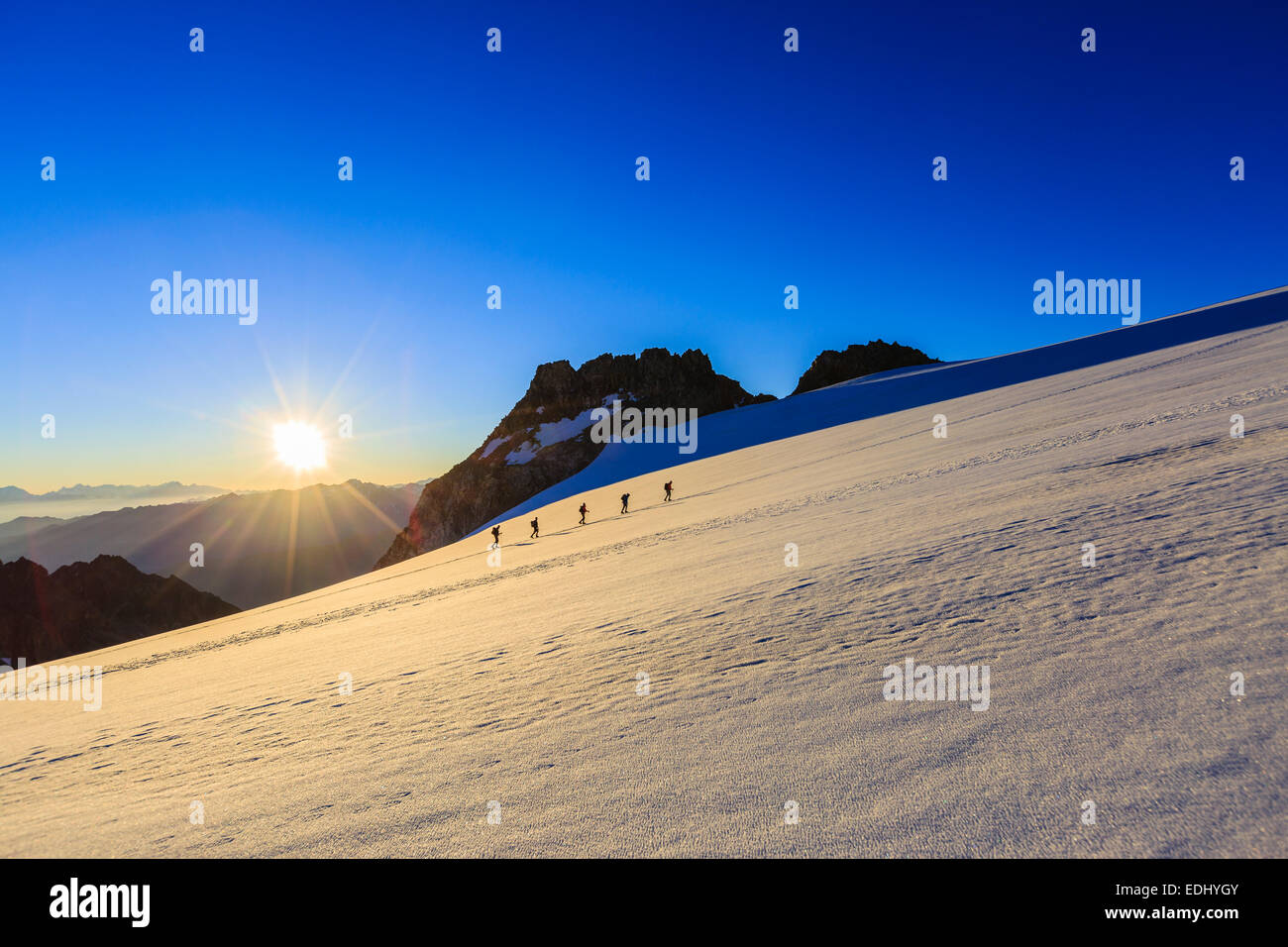 Rope team climbing the Plateau du Trient, Mont Blanc Massif, Alps ...