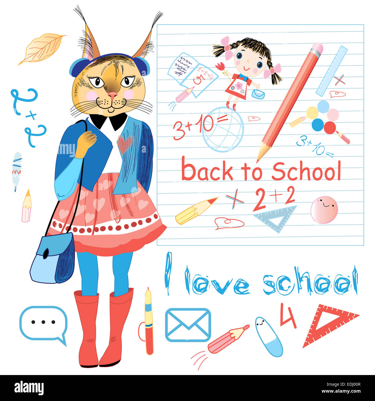 trot bright schoolgirl hipster on the background of school subjects ...