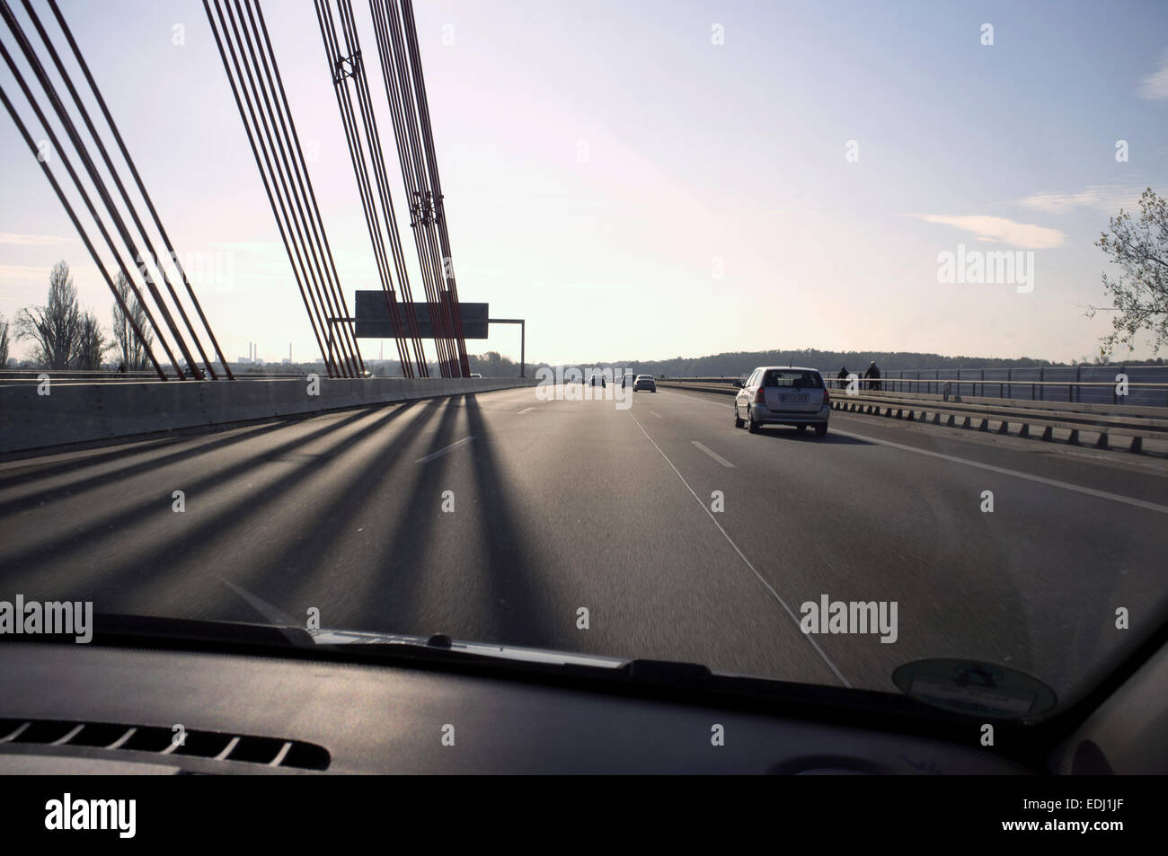 Driving on A46 autobahn over the river Rhine, Dusseldorf, Germany Stock ...