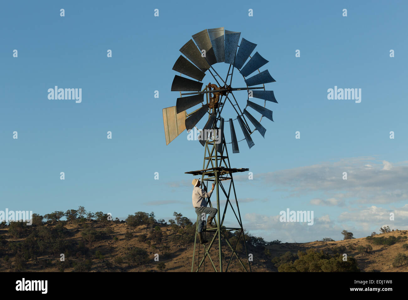 A photograph of a farmer climbing a windmill to repair it. The ...