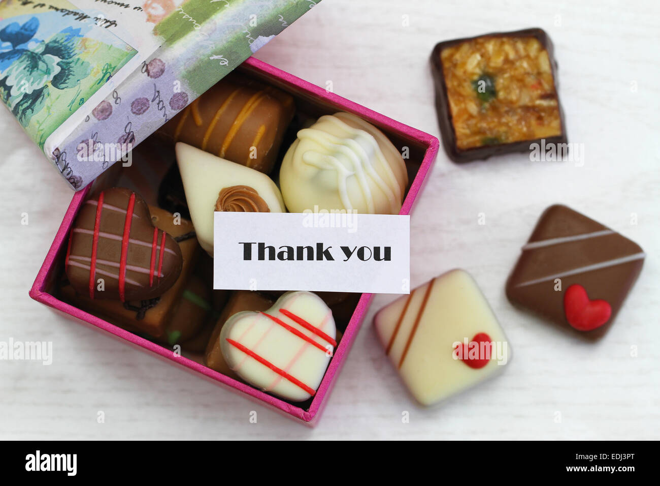 Thank you card with box of chocolates Stock Photo - Alamy