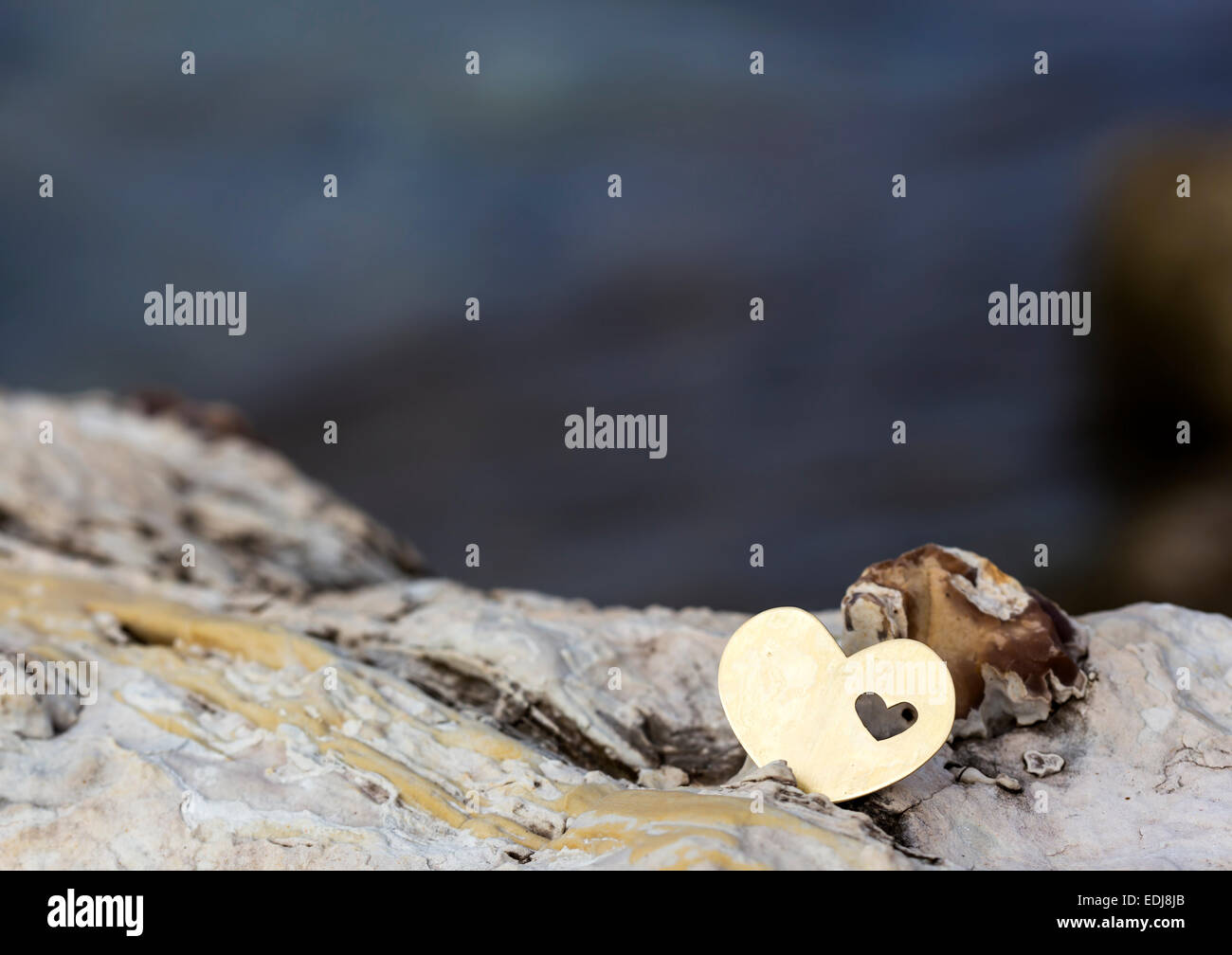 A bright beautiful metal heart is placed on top of a rock. In the ...