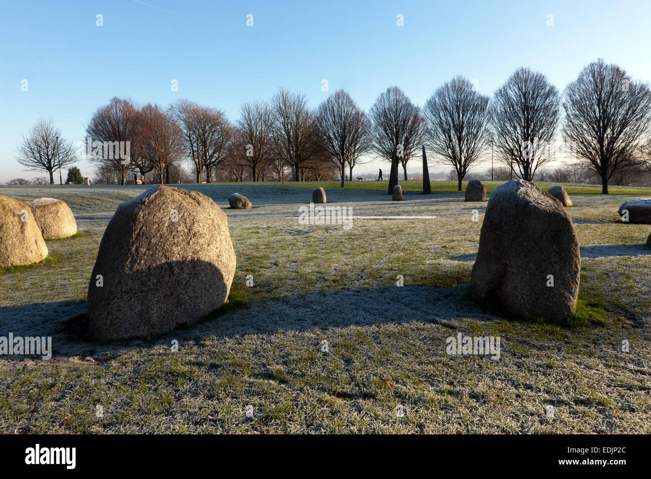 View of the Millennium Stone Circle in the frost, at the Top of Hilly ...