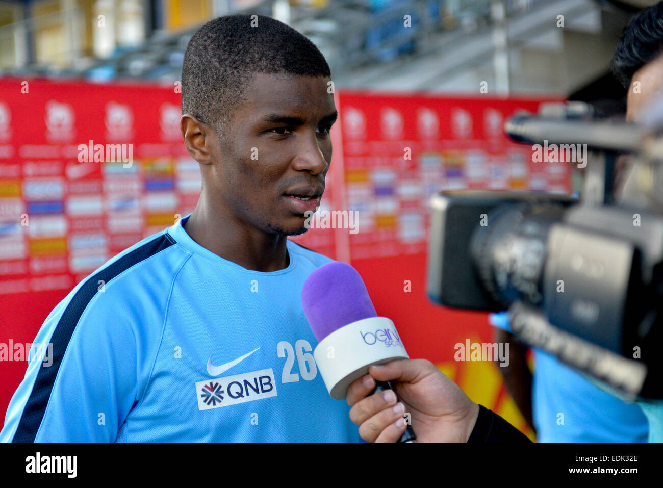 Canberra, Australia. 7th Jan, 2015. Bilal Mohammed of Qatar soccer team speaks to media before a ...