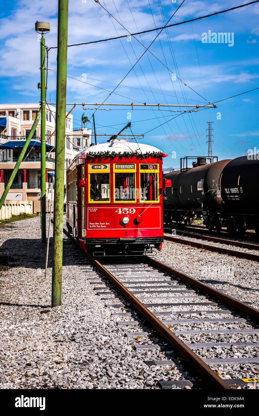 Historic streetcar on the riverfront transit route in New Orleans LA ...