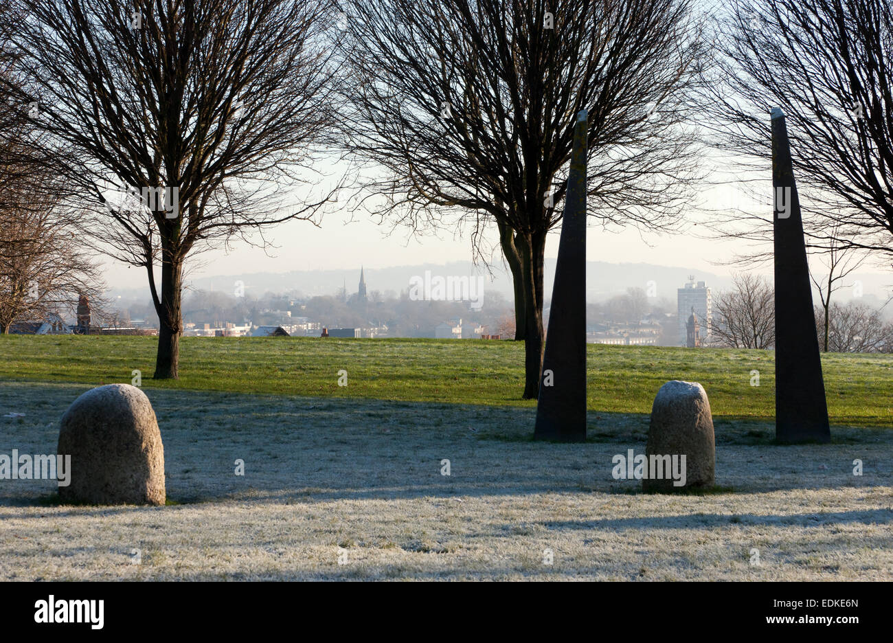 View of the Millennium Stone Circle in the frost, at the Top of Hilly Fields Park, Lewisham ...