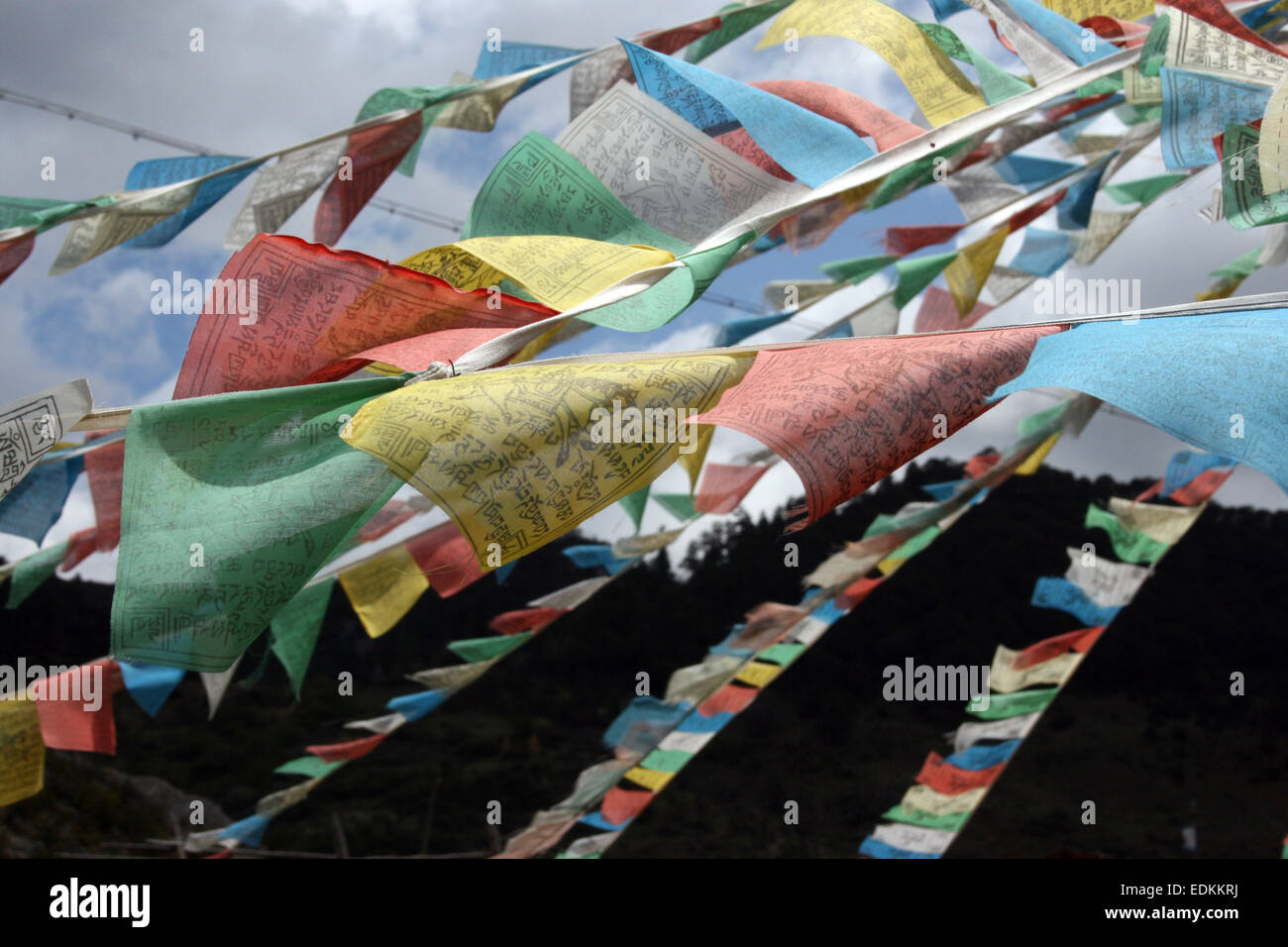 Buddhist prayer flags flutter in the wind in Yunnan province, south ...