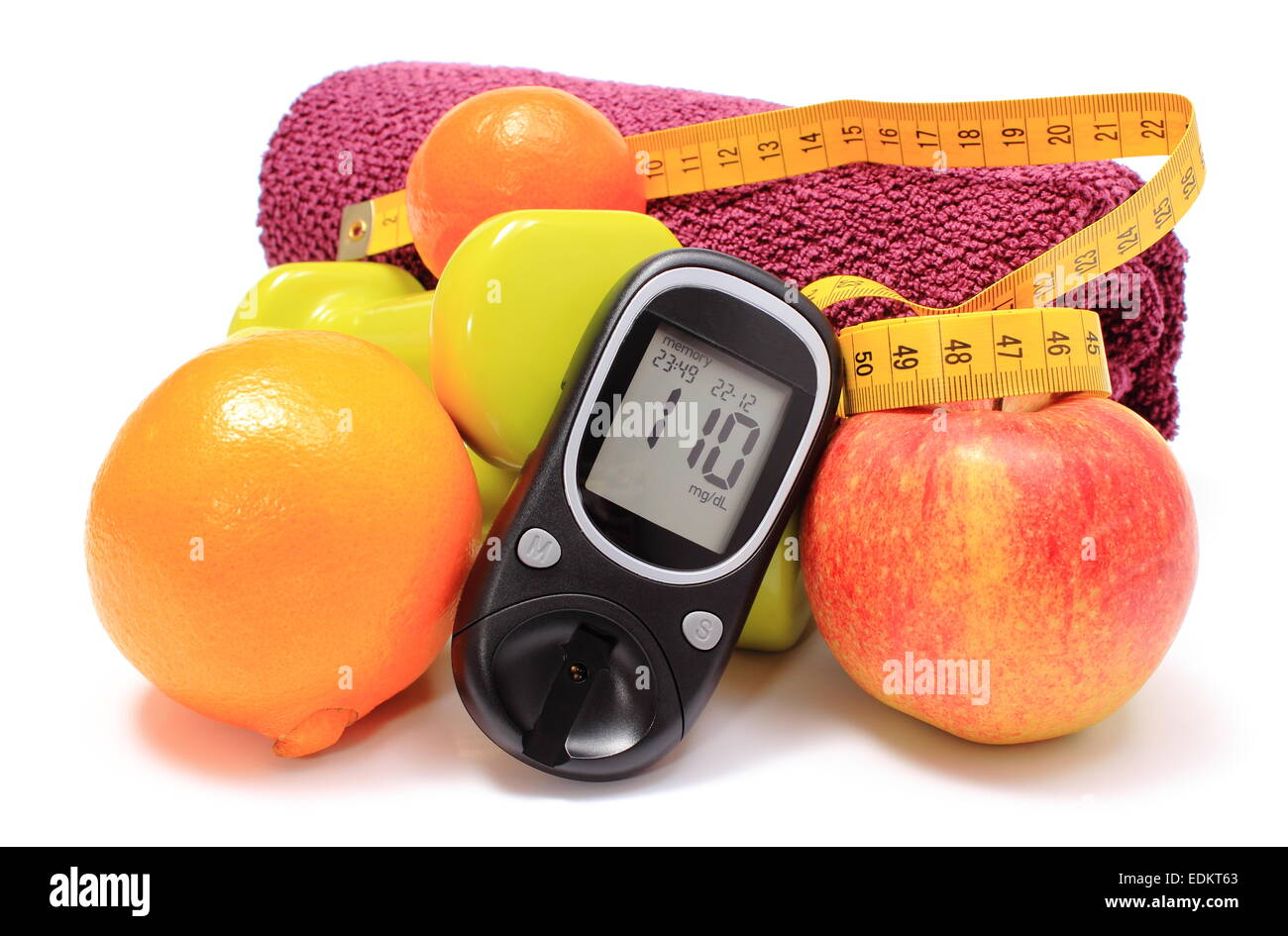 Glucometer, fresh fruits, tape measure, dumbbells and purple towel for ...