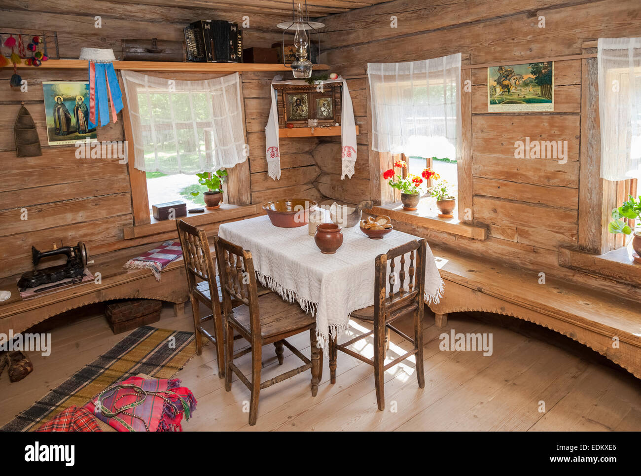 Interior of old rural wooden house in the museum of wooden architecture ...