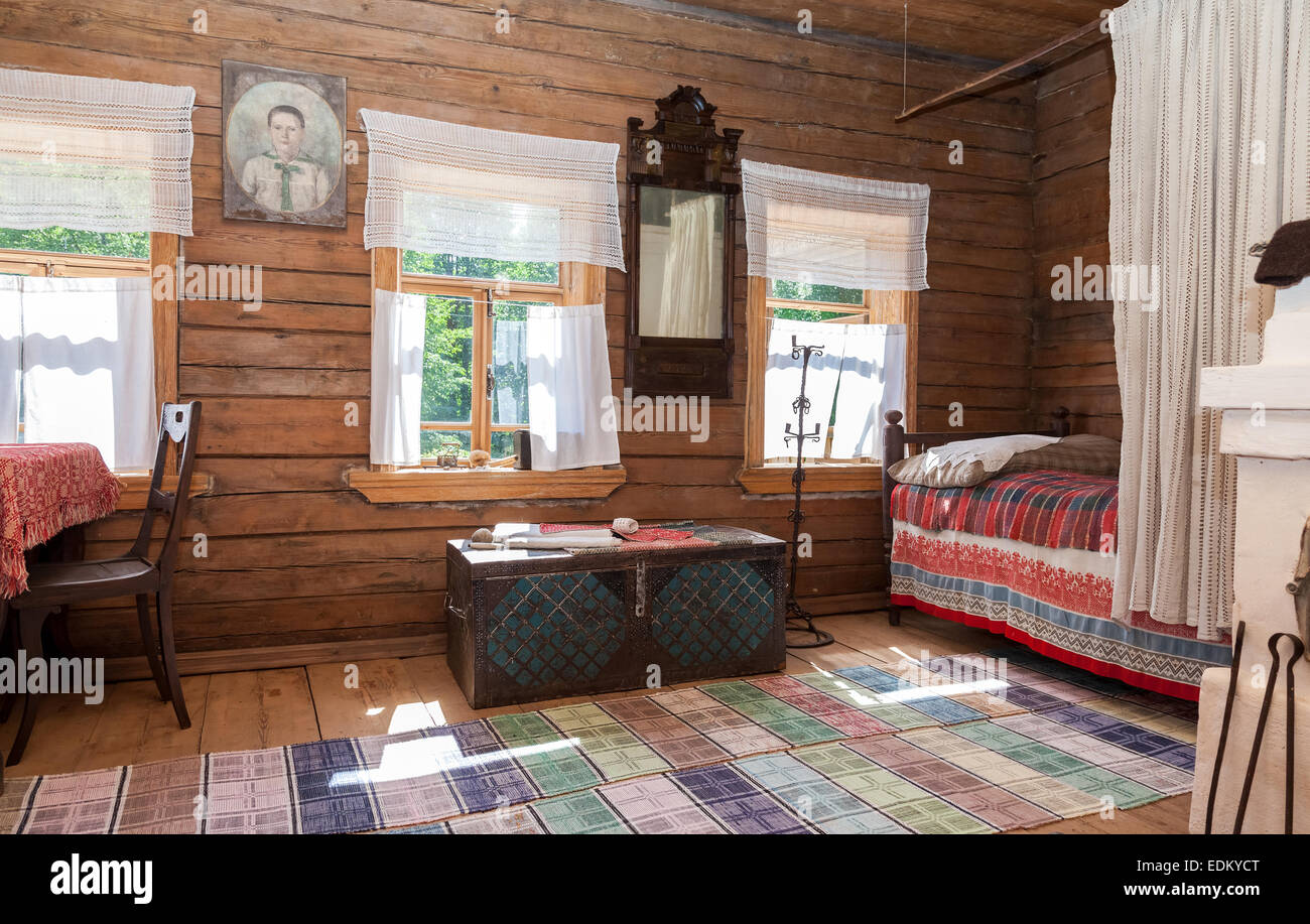 Interior of old rural wooden house in the museum of wooden architecture ...