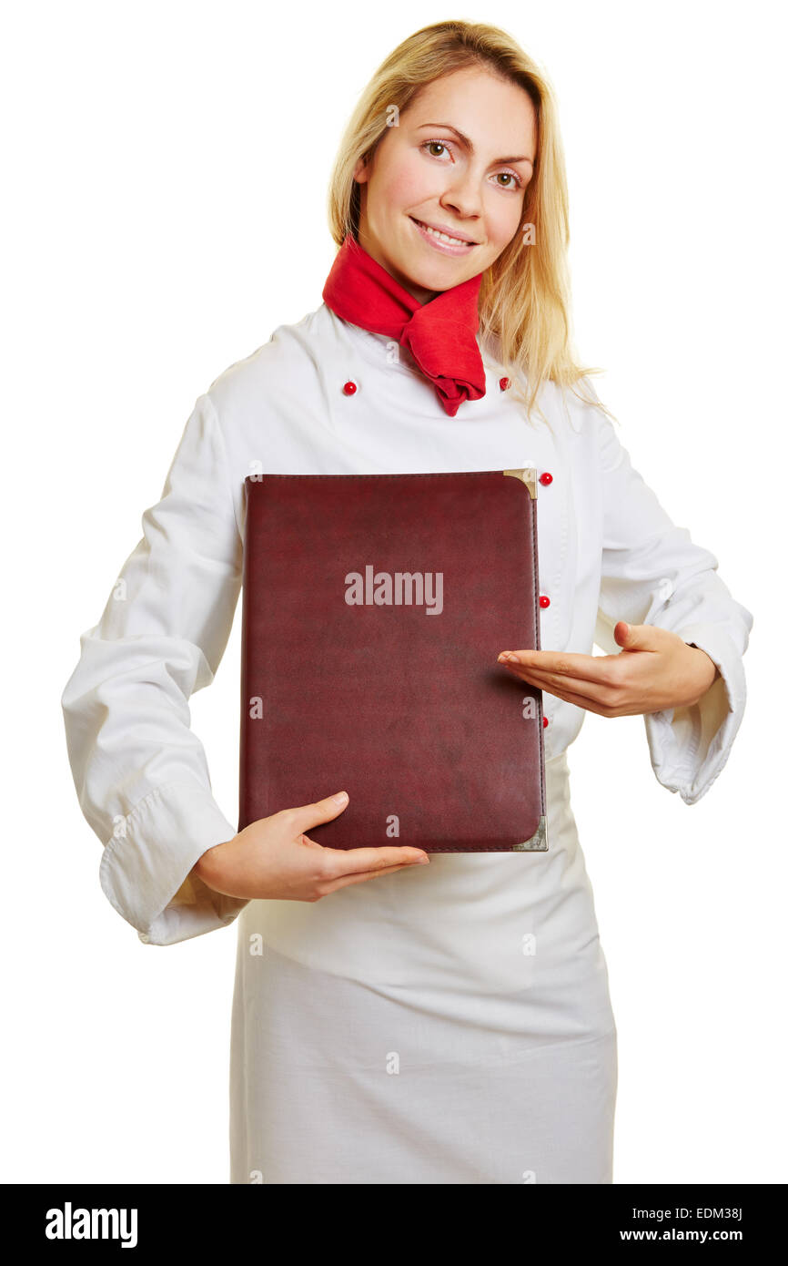 Female smiling cook giving food recommendation with menu in her hand ...
