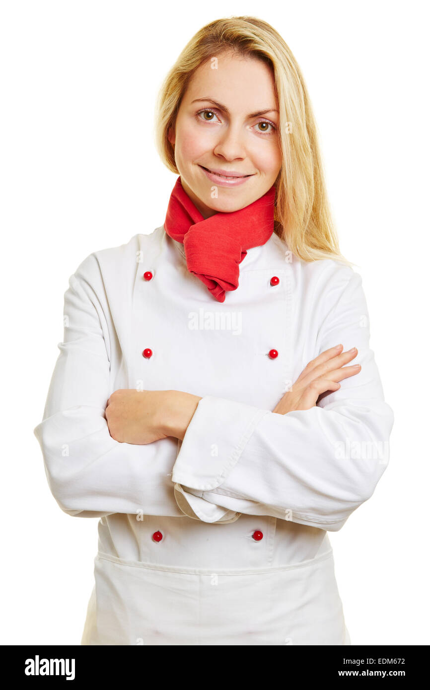 Smiling blonde woman as chef cook with her arms crossed Stock Photo - Alamy
