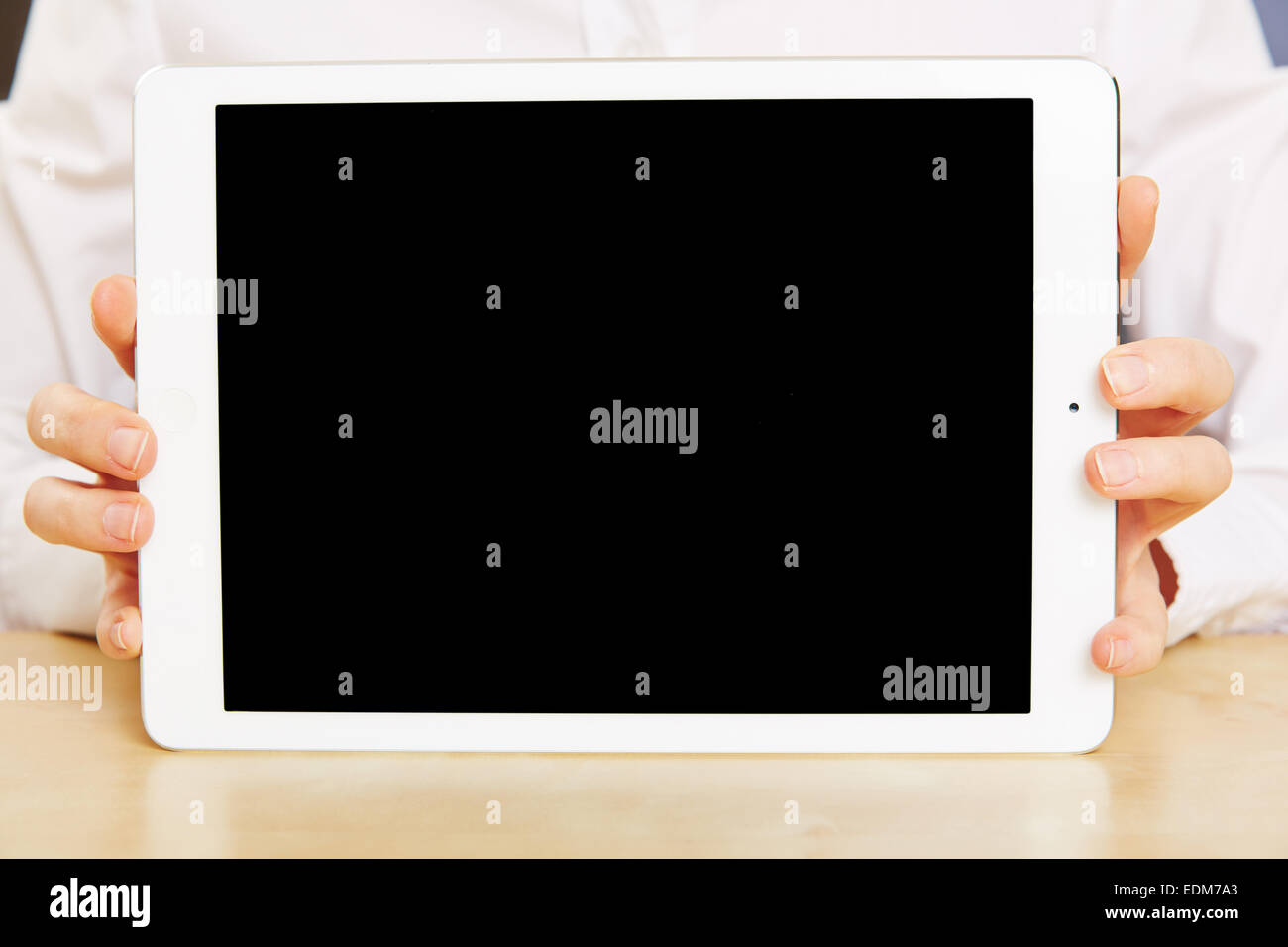 Female hands holding empty tablet PC with black touchscreen Stock Photo ...