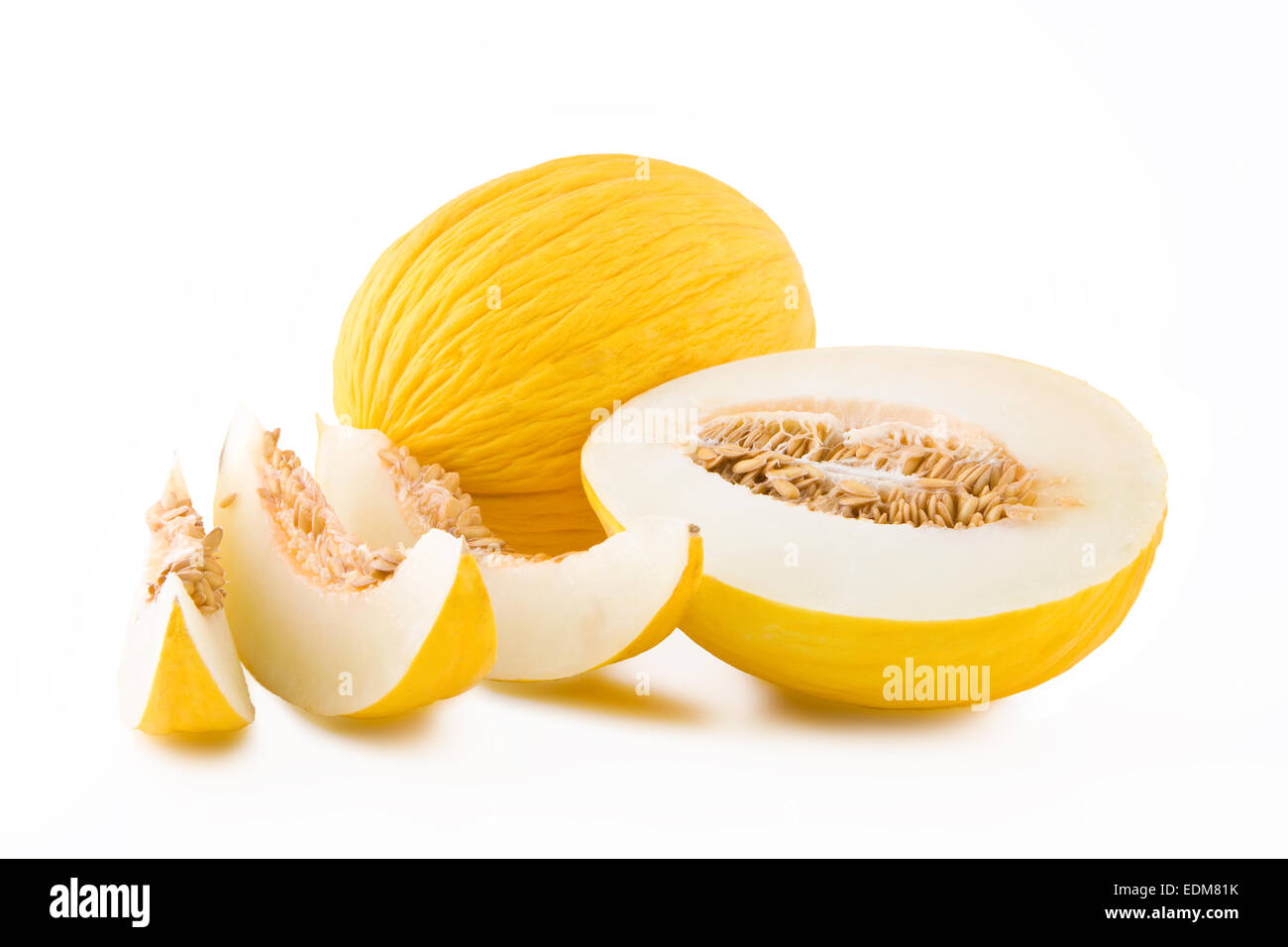 Yellow melon slices isolated on white background Stock Photo - Alamy