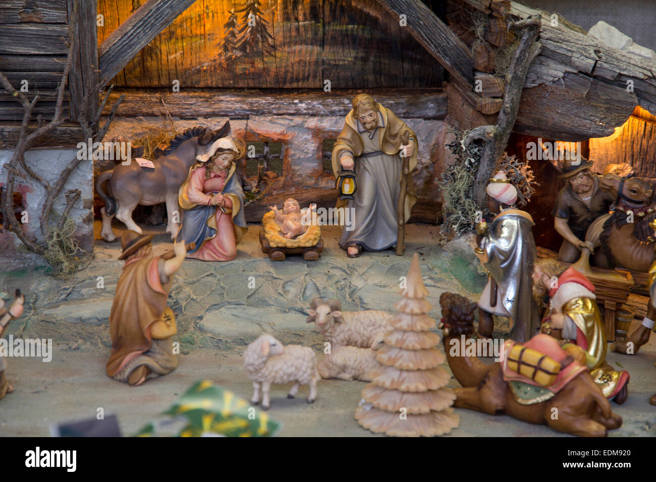 Handcrafted nativity scene, on display at the Passau Christmas Market ...